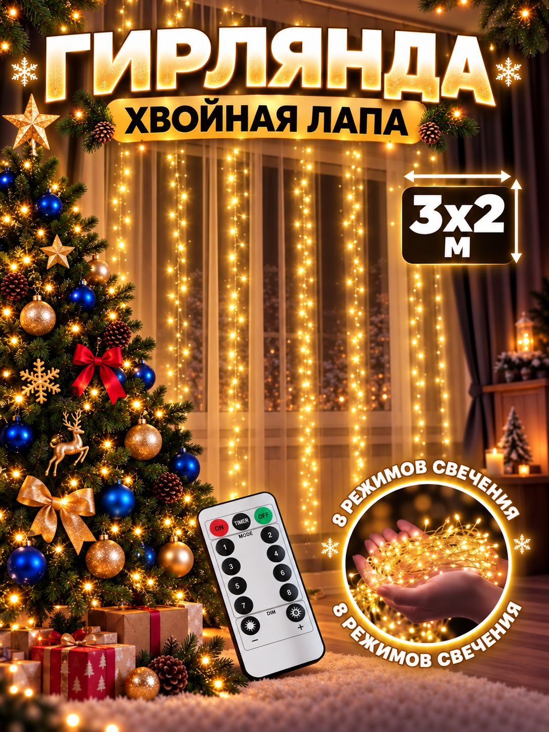 Гирлянда штора мишура 3 х 2 м с пультом ДУ / Хвойная лапа, фейерверк, желтый теплый