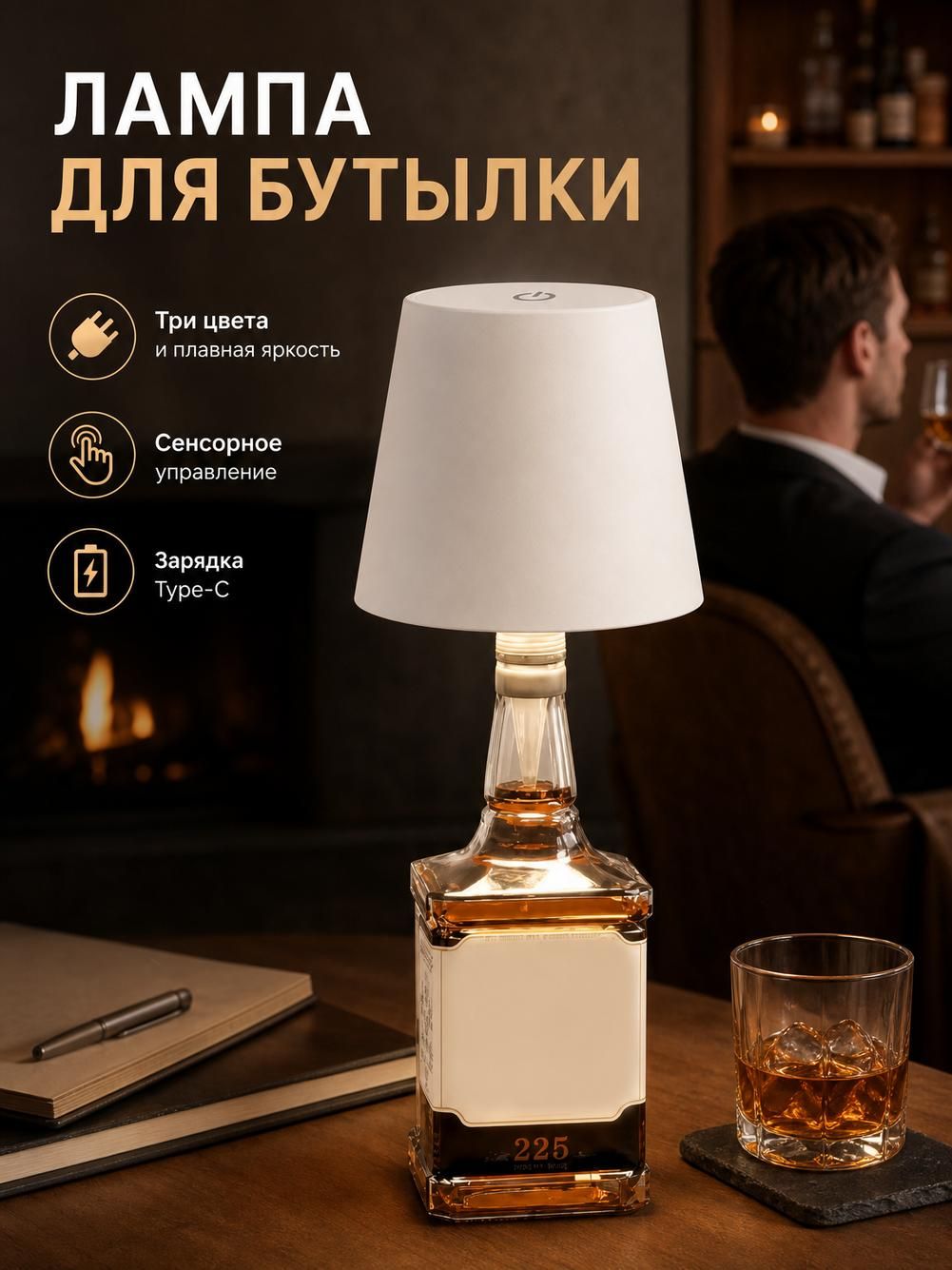 Настольный светильник для винной бутылки, беспроводной, сенсорное управление, 3 режима, белый