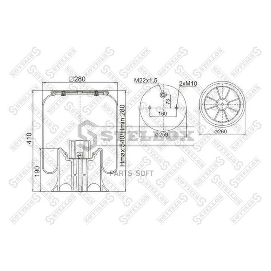 STELLOX 9041582SX 90-41582-SX пневмоподушка со стак. !2отв. M10 1отв-шт. M22 Порш пластиковый d13.5 \Schmitz/Weweler
