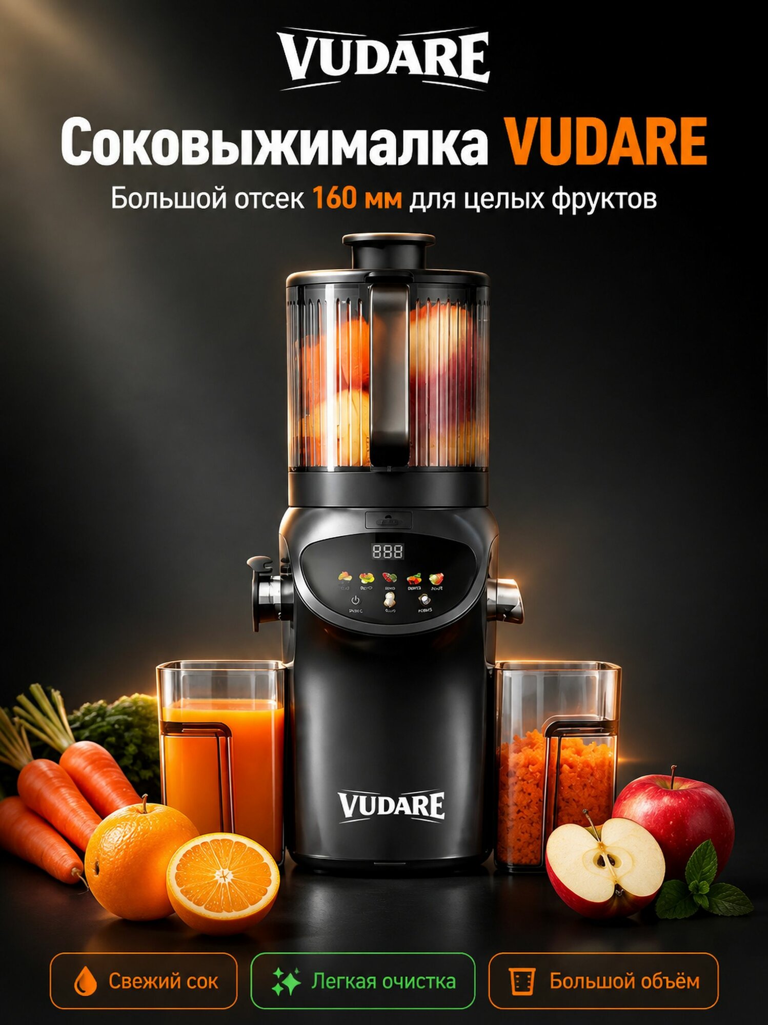 VUDARE Соковыжималка электрическая VUDARE-ZZJ-001, черный матовый