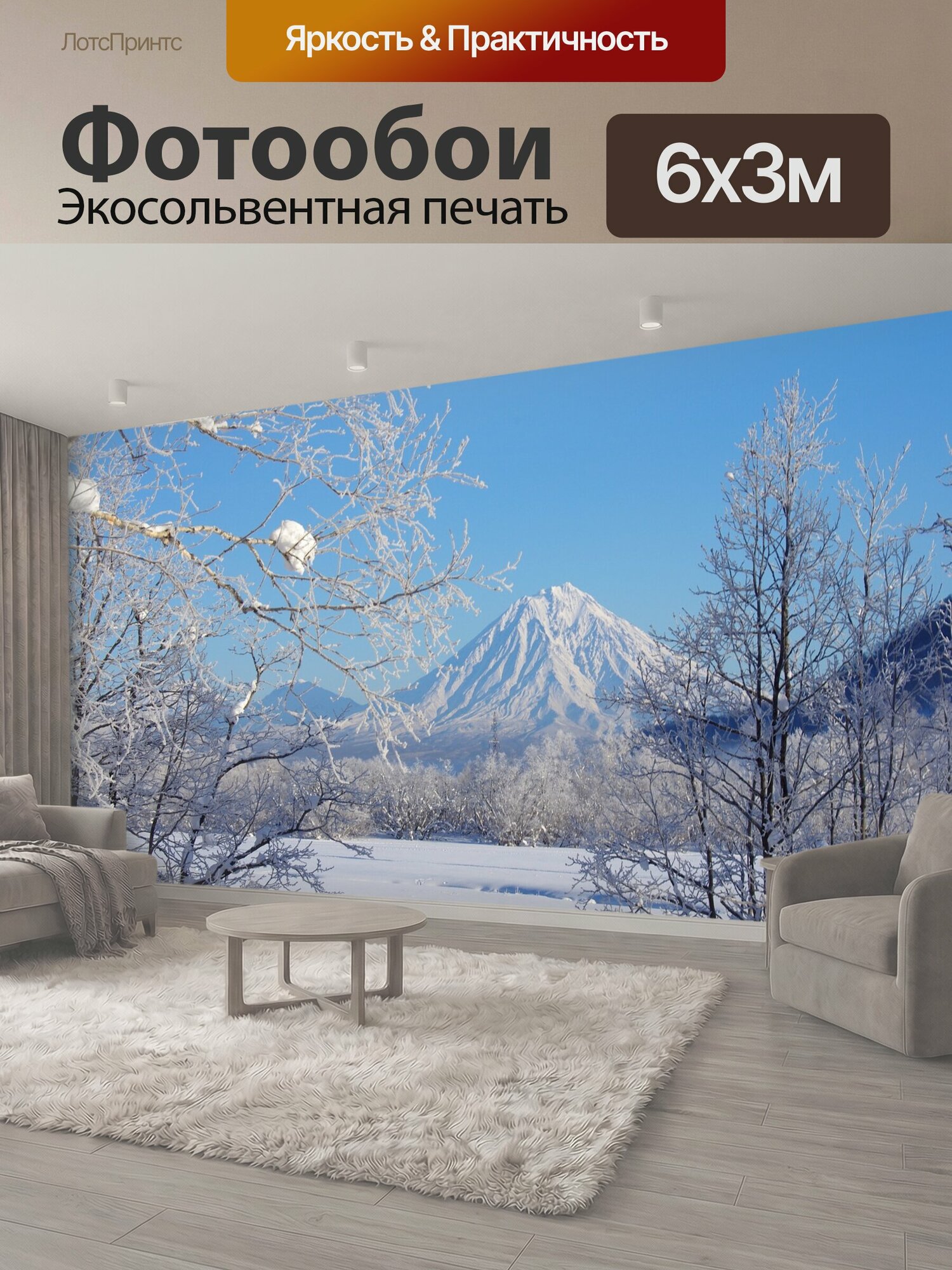 Фотообои "Вулкан корякский, камчатка, зима" 600x300 см. экосольвентная печать
