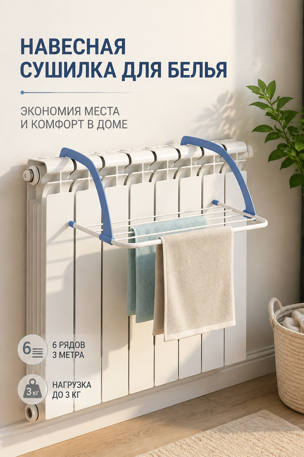 Навесная сушилка для белья на батарею, 6 рядов, 3 м, нагрузка до 3 кг