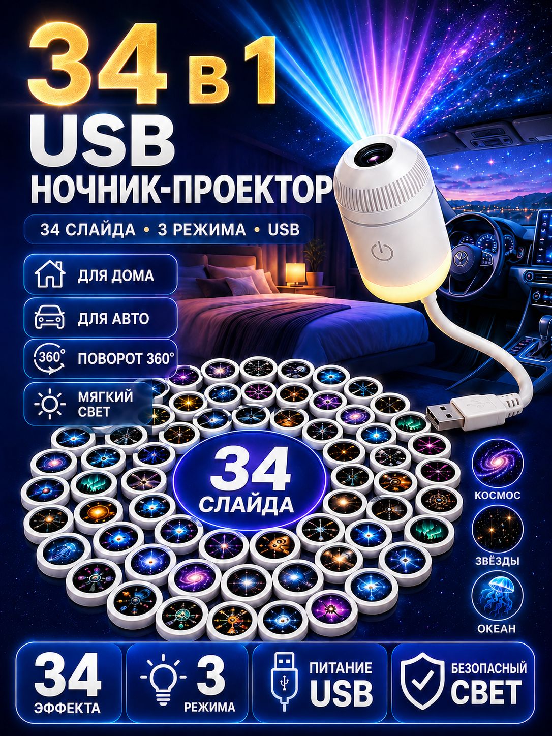 USB ночник с проектор звёздного неба, Мини-проектор, 34 слайда