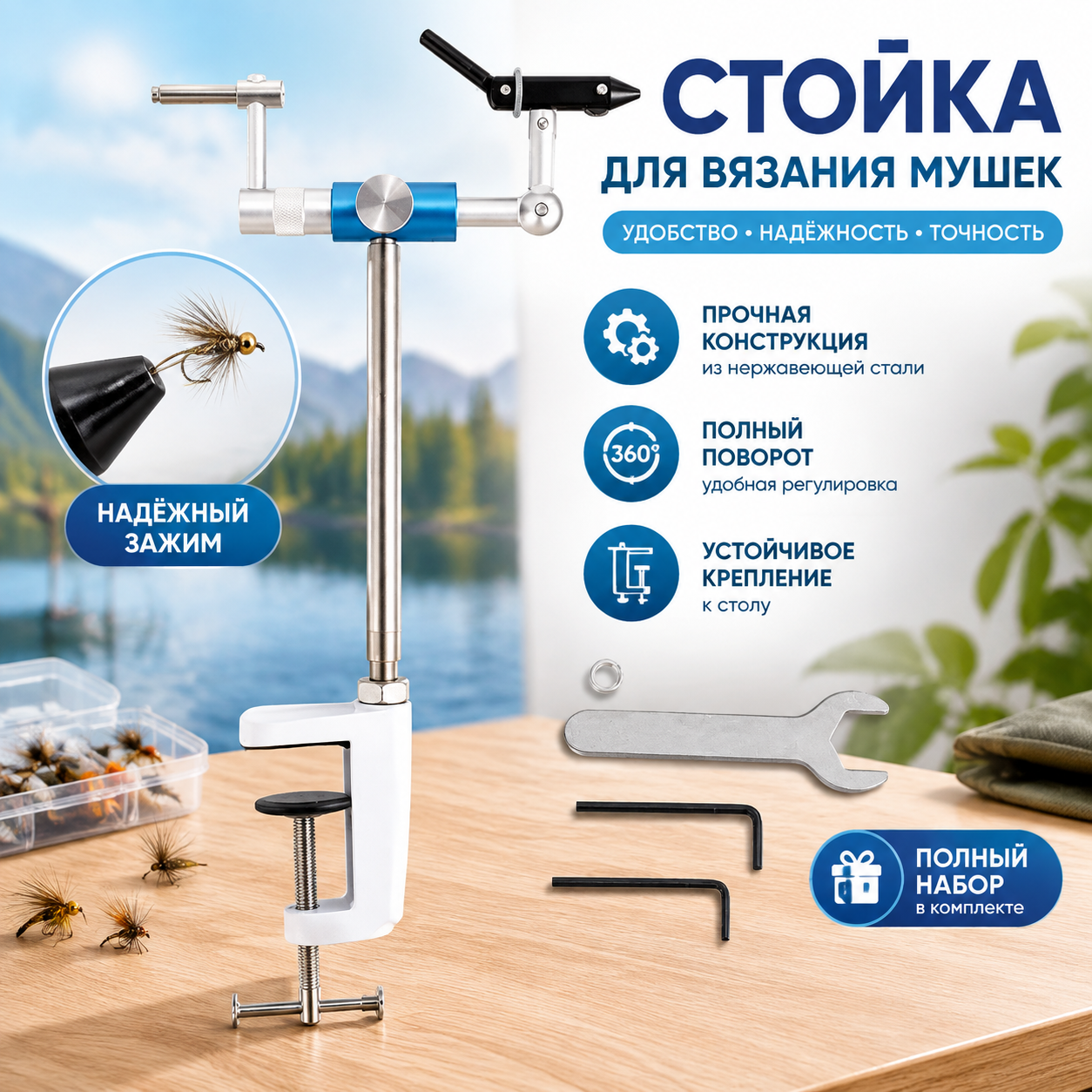 Ротационные тиски для вязания мушек 360° с зажимом-струбциной 1 шт, сверхлегкие, для начинающих и профи, алюминий