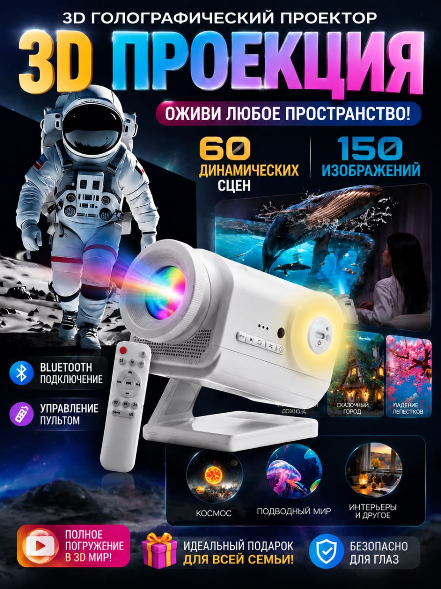 Ночник проектор звездное небо 3D голографический 60 сцен