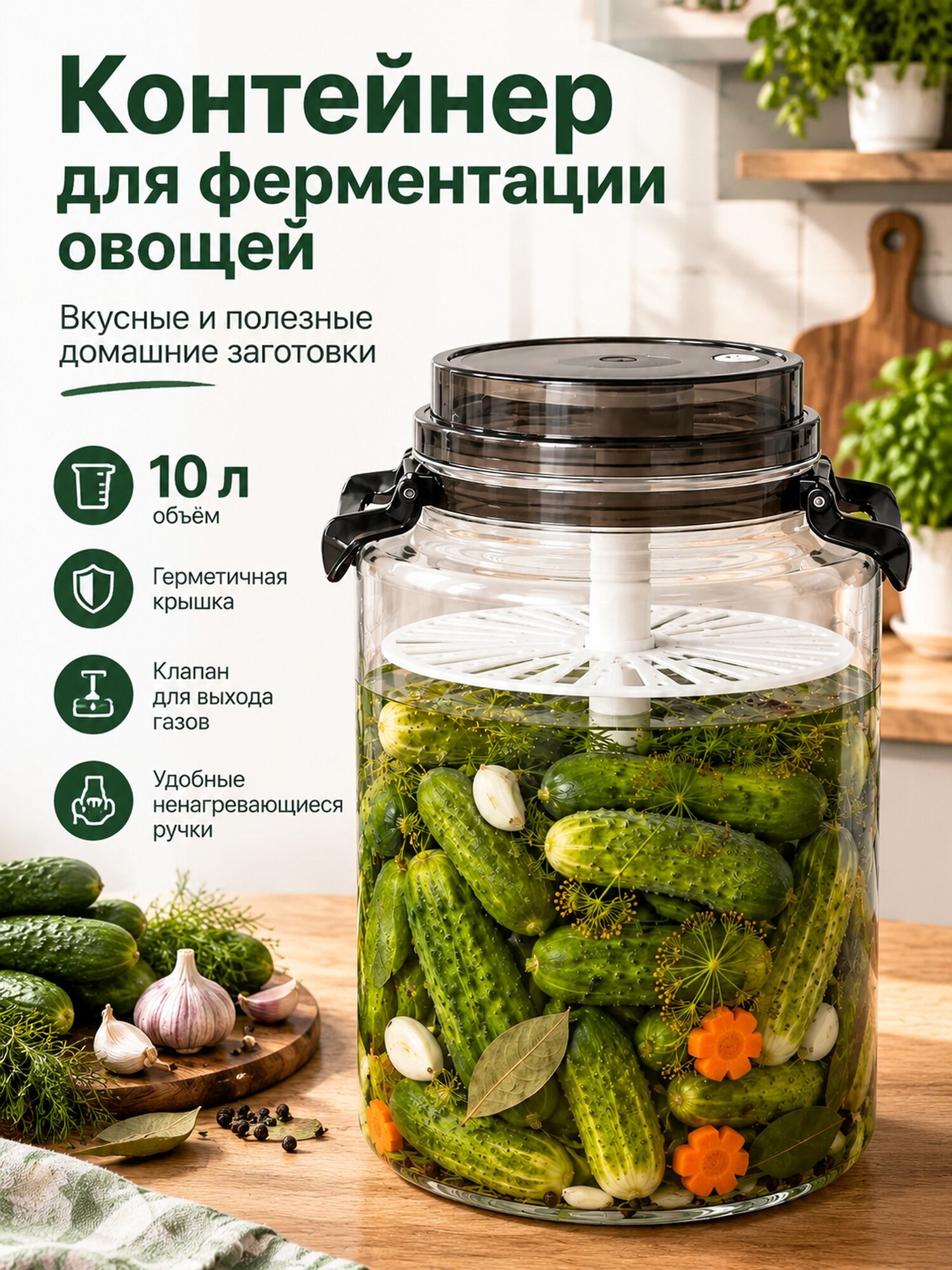 Контейнер для ферментации овощей 10 л с прессом и клапаном