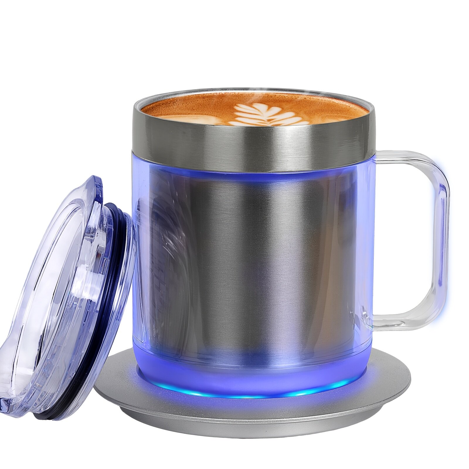 Кружка с подогревом из нержавеющей стали 12 oz со световой подсветкой, регулировка температуры 55°C, питание от USB без батареек, серебристый, для офиса и дома, молока, какао, чая