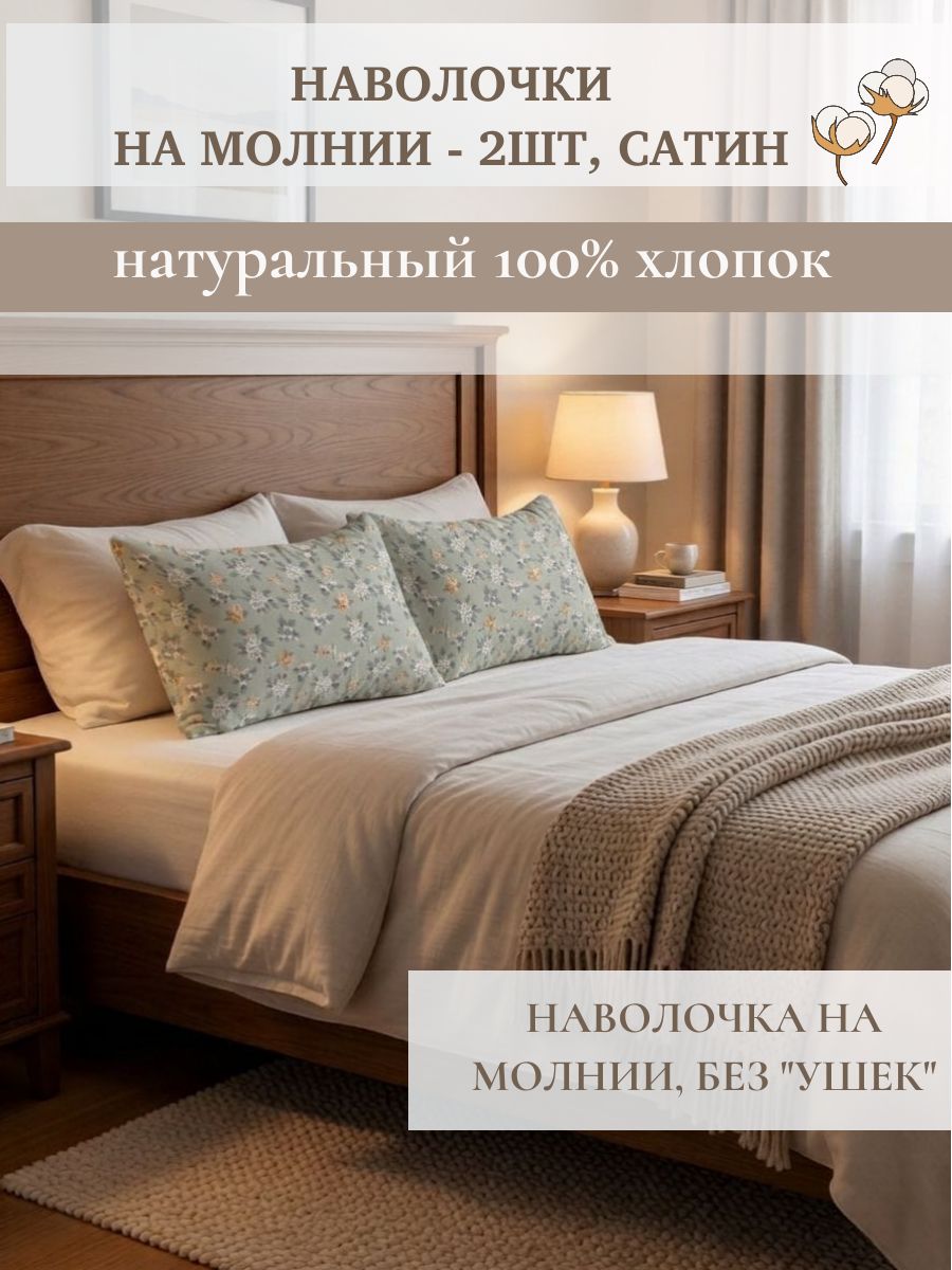 ДА ШУ Набор наволочек из сатина, 100% хлопок, размер 70х70 на молнии, (наволочка 70*70 - 2шт)
