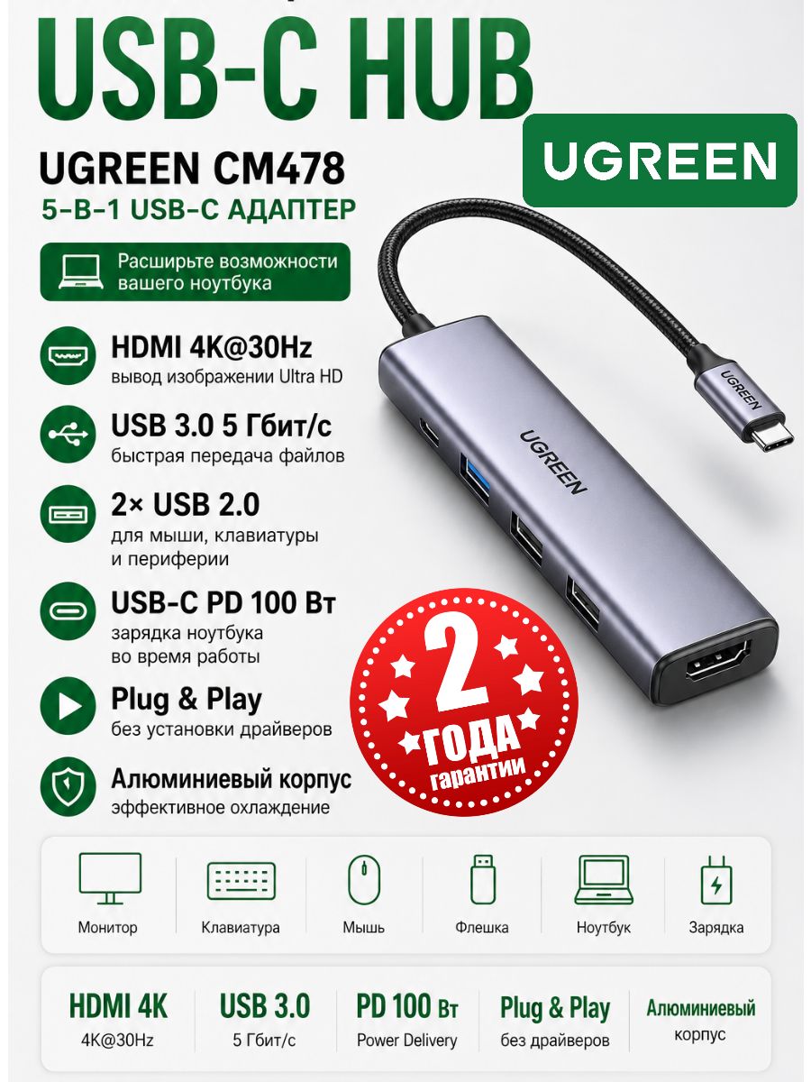 Адаптер многофункциональный для ПК и ноутбуков UGREEN CM478 (15495) USB-C To HDMI+1xUSB3.0 A+2xUSB2.0 A+PD Power Converter - Silver
