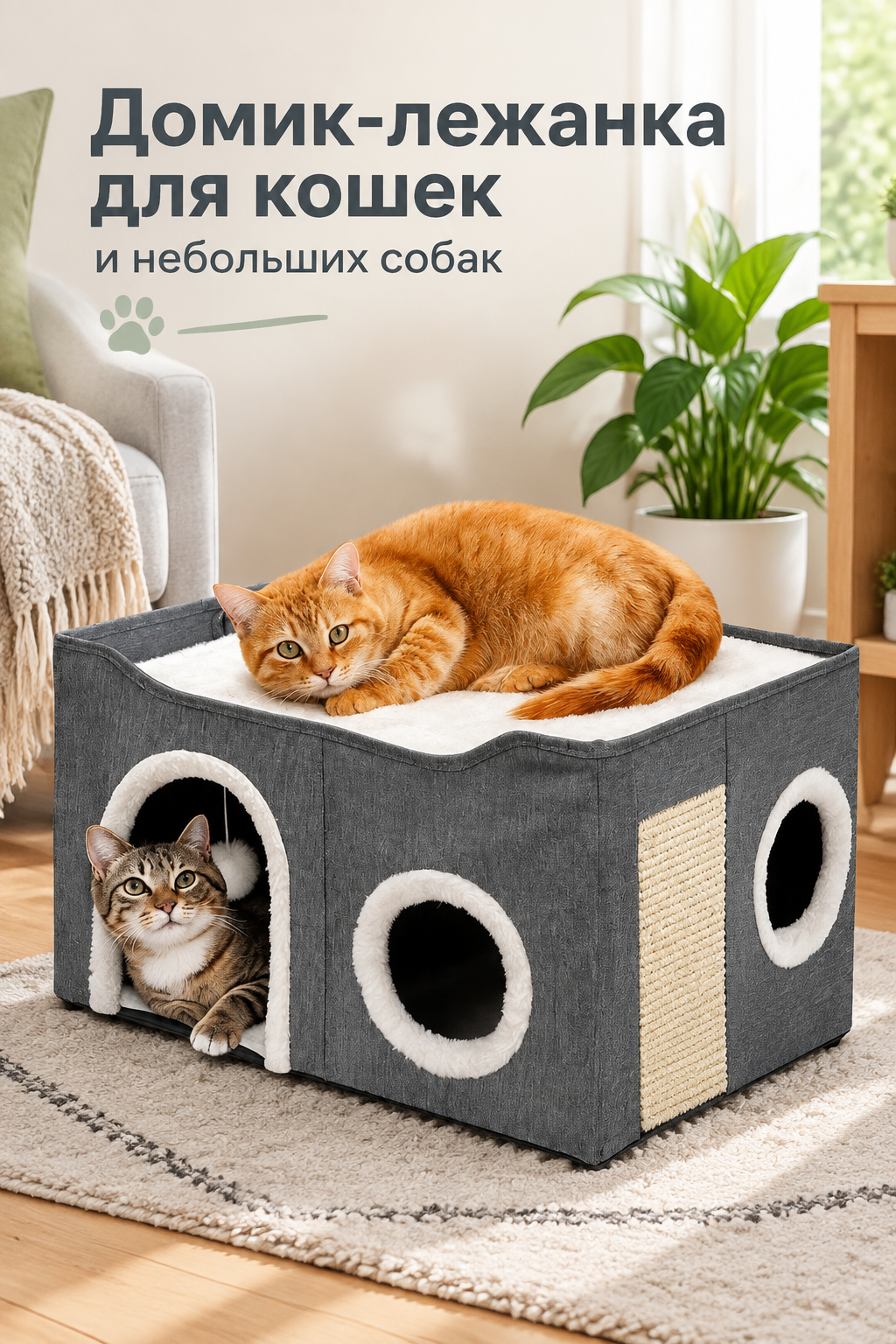 Тканевый домик-лежанка для кошек и небольших собак с когтеточкой, 60 × 40 × 34 см, серый