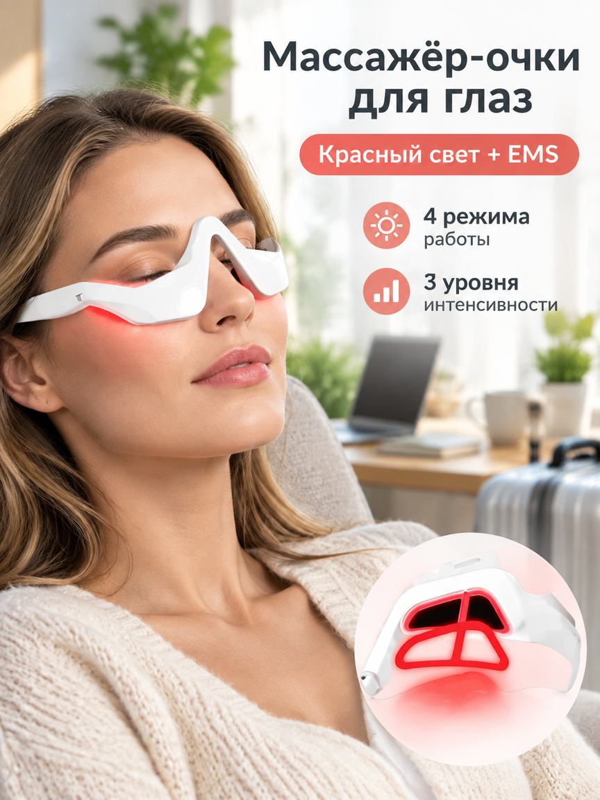 Массажер-очки для глаз с EMS и красным светом: 4 режима, снятие усталости, уход за кожей