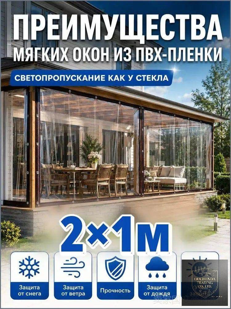 Прозрачная ПВХ-пленка для мягких окон 2х1м, светопропускание как стекло, простая установка для беседки