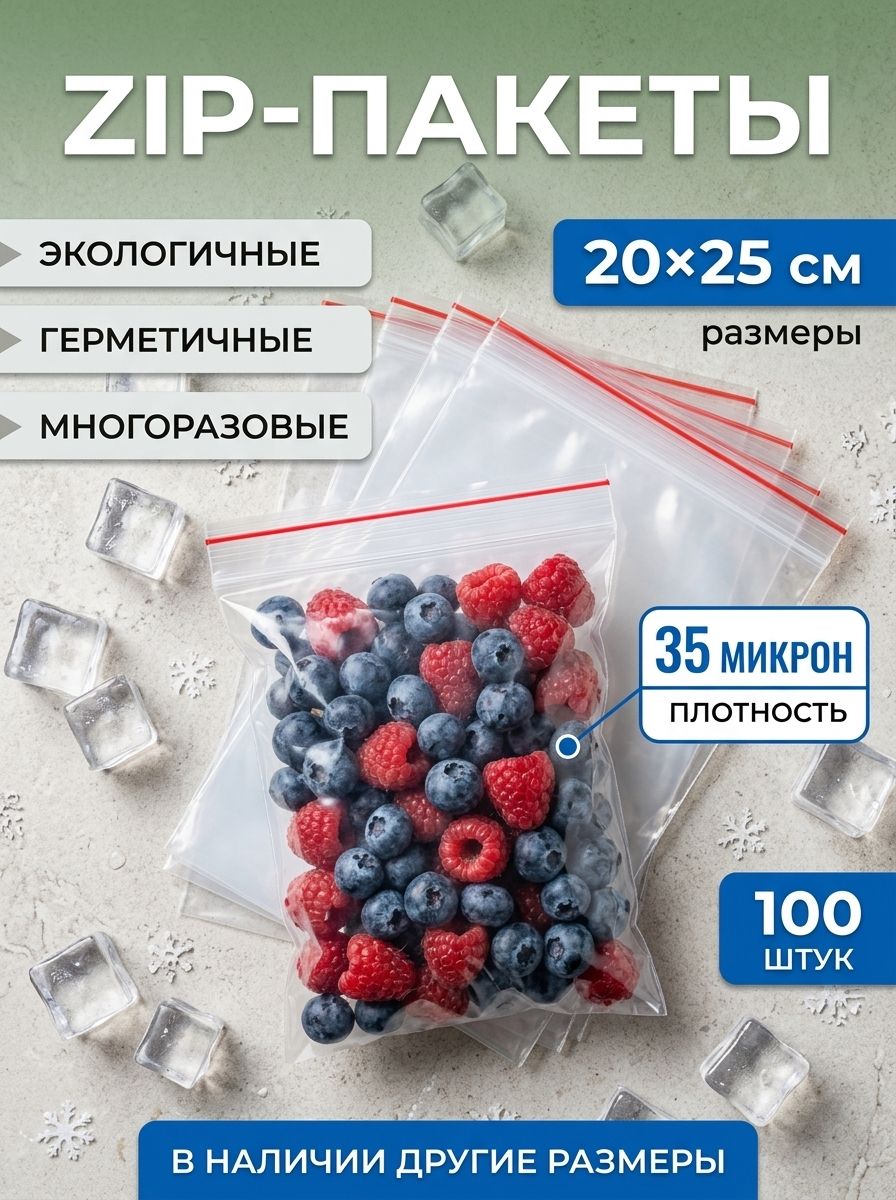 Пакеты зип-лок 20х25 см 100 шт фасовочные для заморозки с застежкой zip lock упаковки хранения гриппер 20 на 25