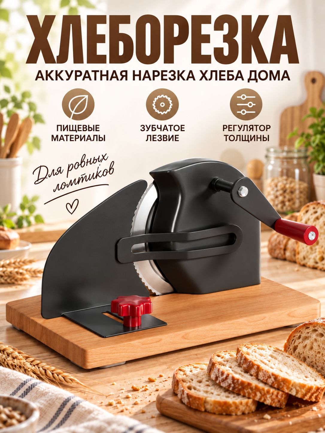 Хлеборезка для домашней кухни, зубчатое лезвие, регулятор толщины ломтиков, аккуратная нарезка хлебобулочных изделий