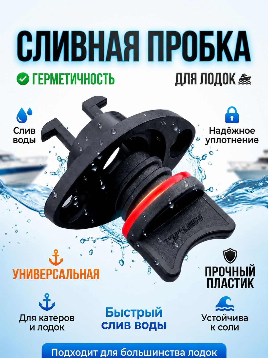 Сливная пробка для лодки, для катера, надувной лодки ПВХ, пластиковая, с уплотнением, универсальная, для слива воды, морская, водостойкая