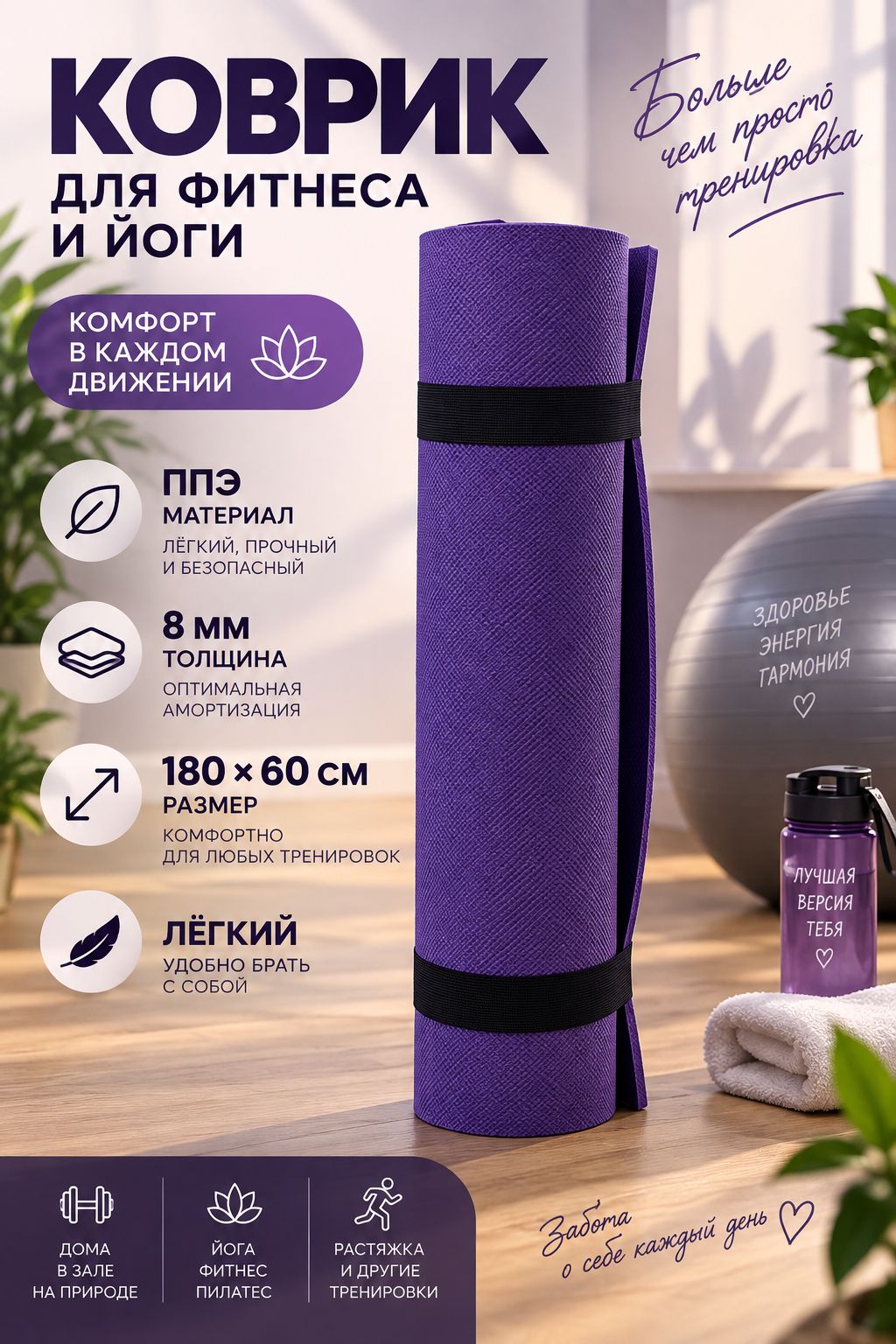 Коврик для фитнеса и йоги, нескользящий , для занятий спортом