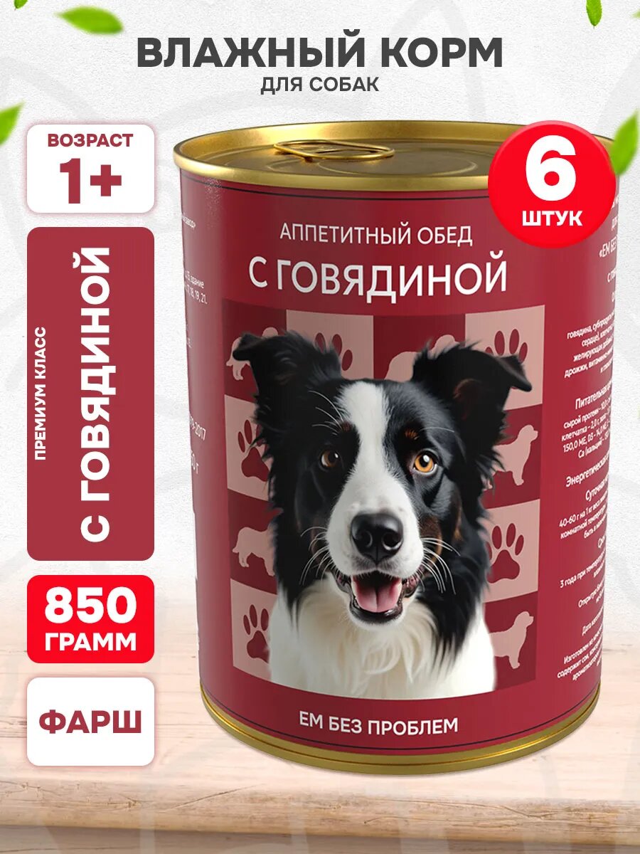 Корм влажный Ем Без Проблем Аппетитный Обед для взрослых собак, говядина, 850 г 6 шт