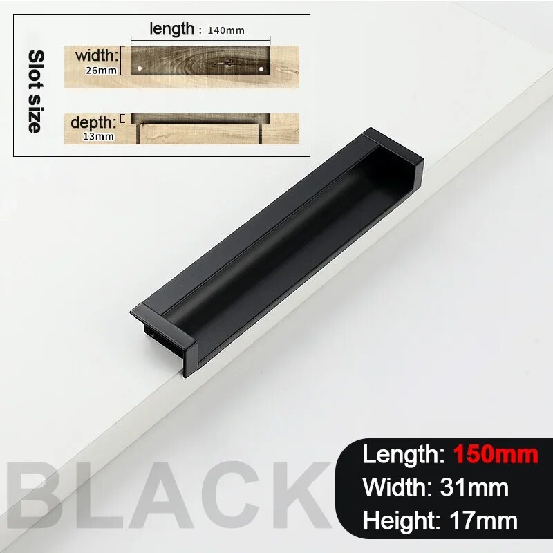 Скрытые ручки для шкафов из металла, 100-400 мм Черный, Black 150mm