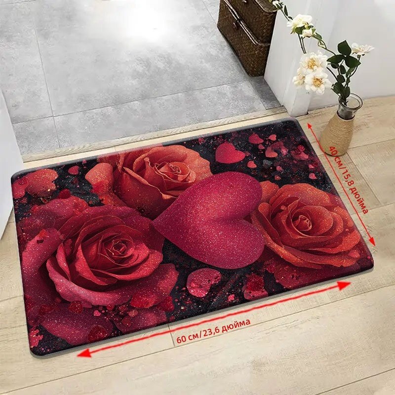 Фланелевый коврик с принтом «красные розы и сердца» 40×60 см, легкий с нескользящим основанием, для кухни, прихожей, спальни, гостиной, ванной и кабинета, подходит для машинной стирки