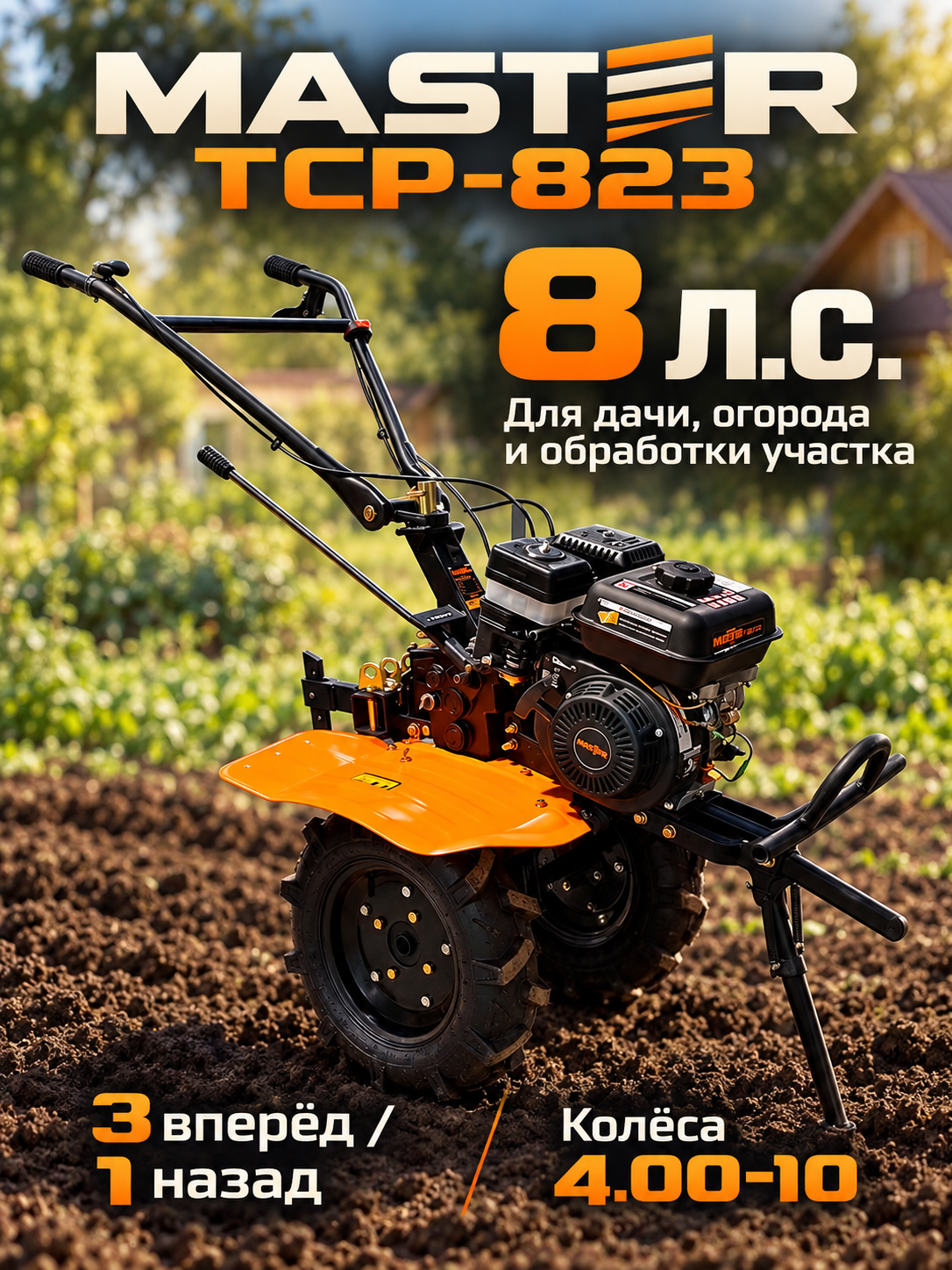 Мотоблок бензиновый MASTER ТСР-823, 8 л. с, 3 вперёд/1 назад, колёса 4.00-10, фрезы