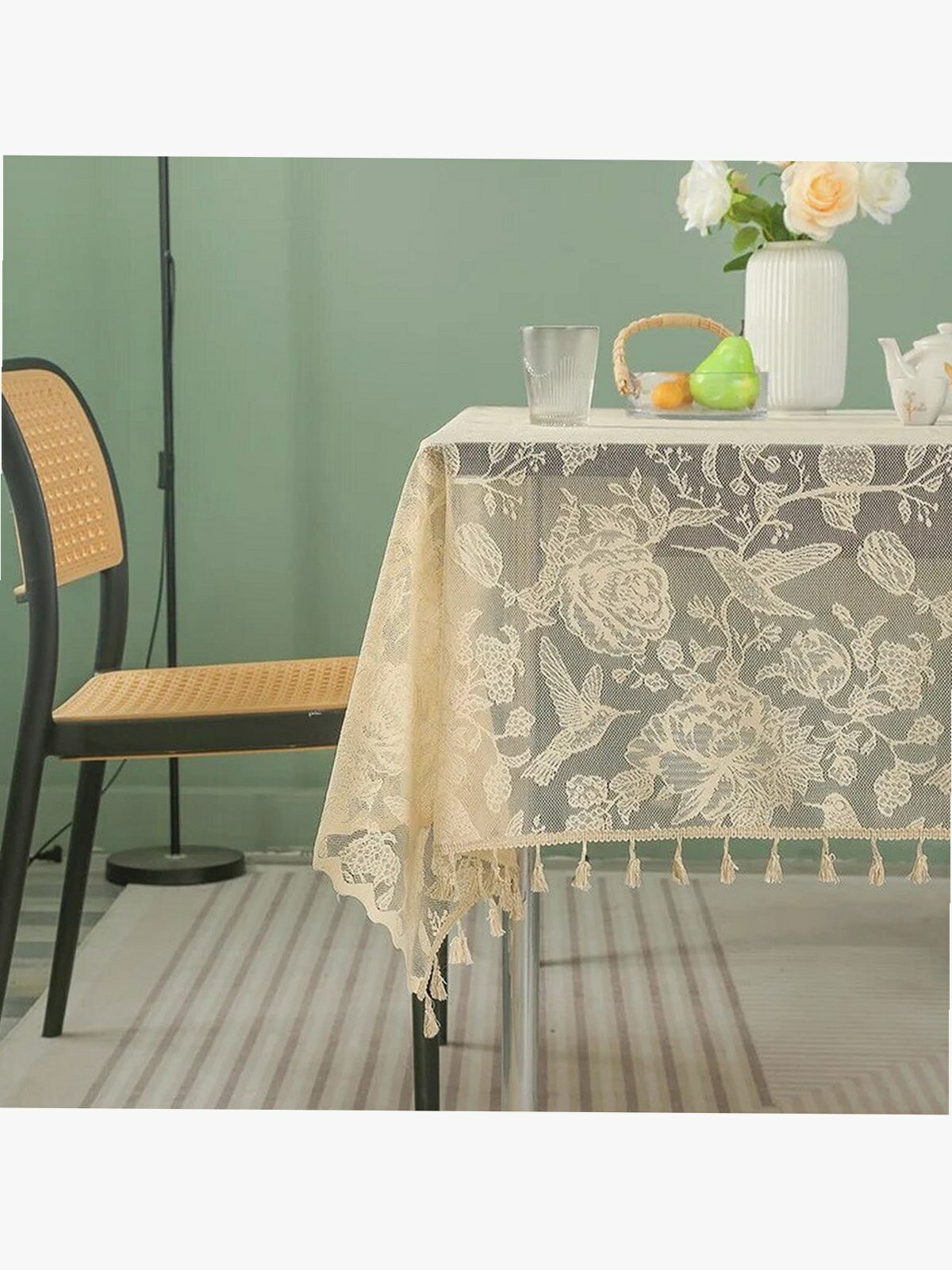 Кружевная скатерть Jacquard, Lace, 140x180cm, Скатерть крючком с кисточкой