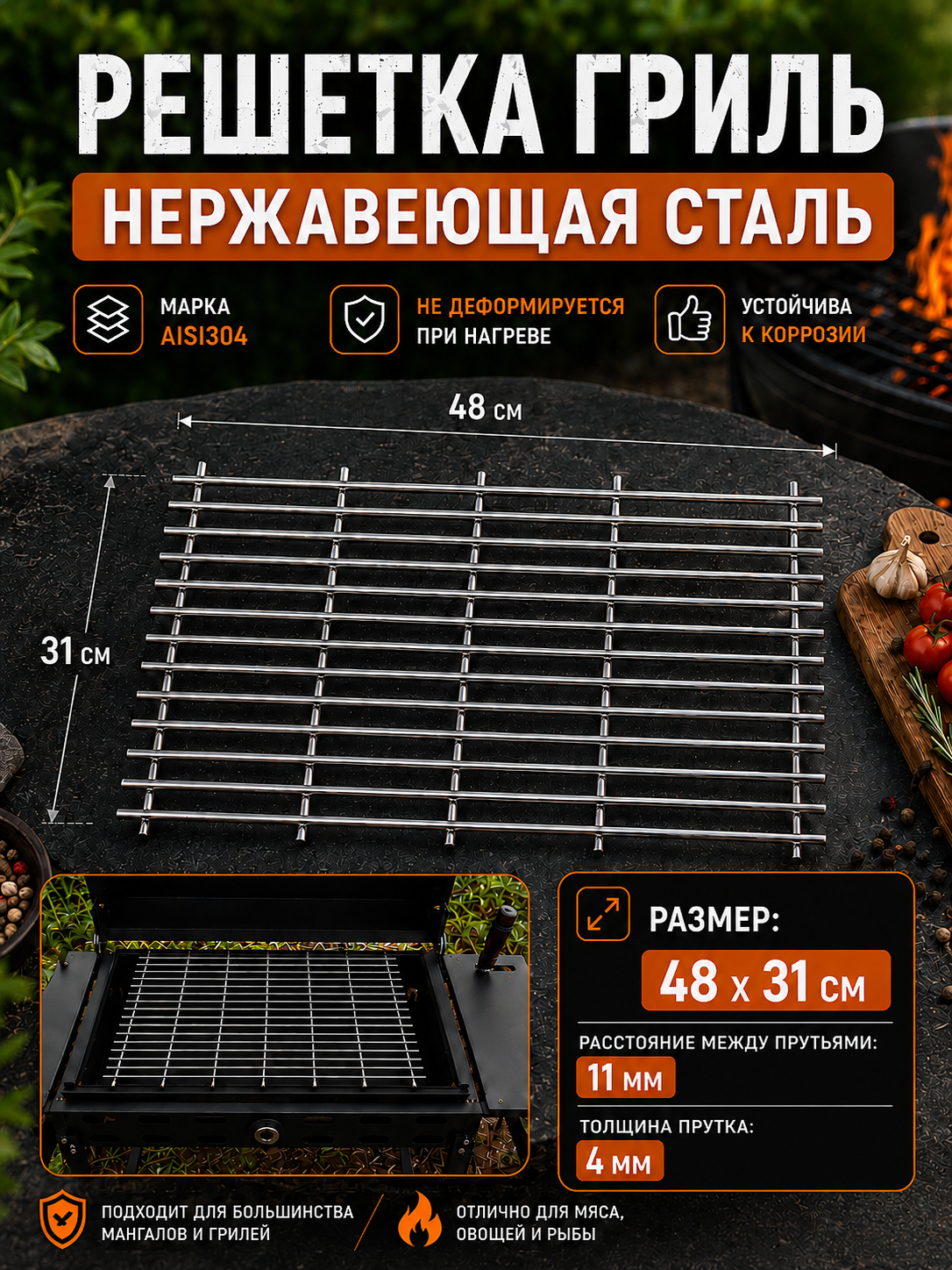 Решетка-гриль для мангала 53,6х36 см нержавеющая сталь AISI 304