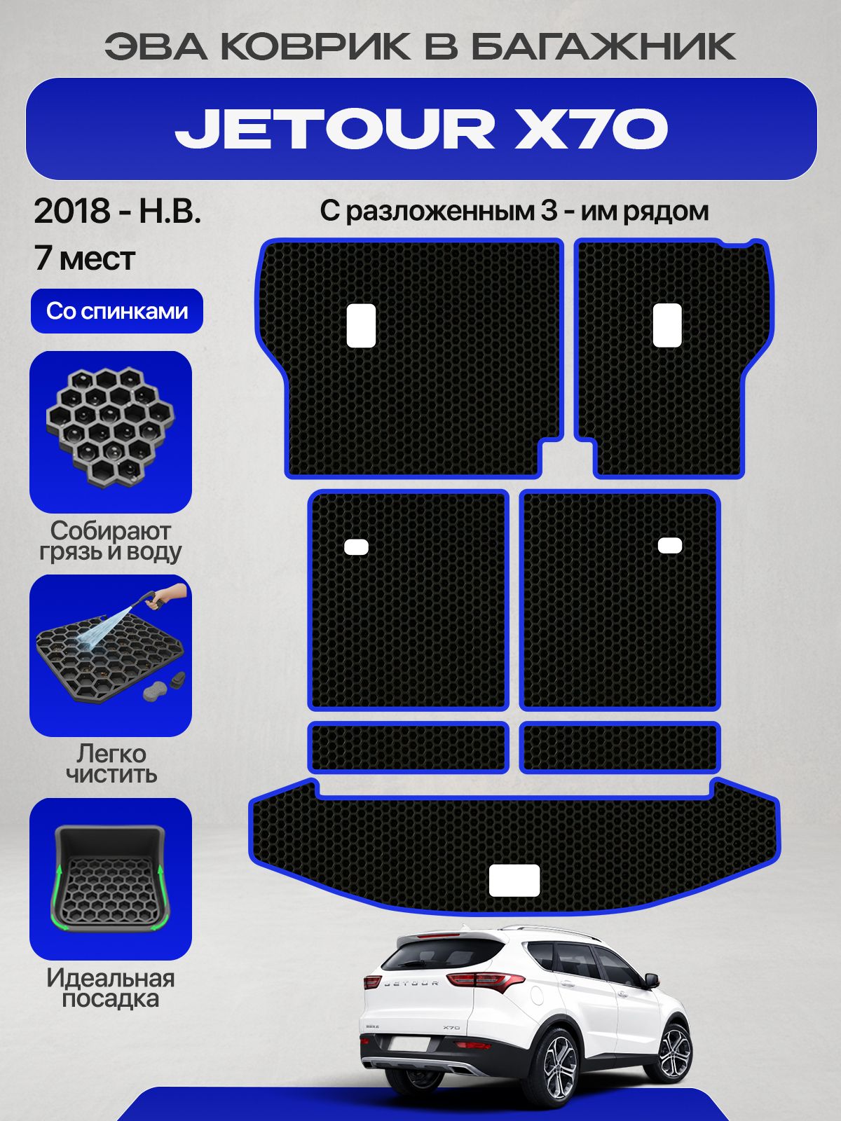 Эва коврик в багажник и на спинки сидений для JETOUR X70 2018-н. в. 7 мест, С разложенным 3-им рядом, черный с синим кантом ( Джетур Х70 , Жетур Х 70 , Джетур Икс 70 ) Eva, Ева
