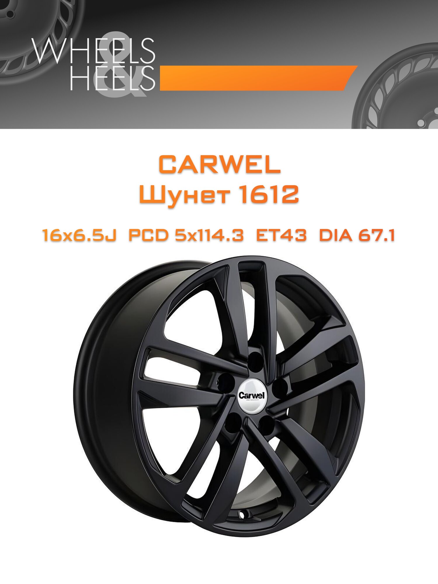 Диск автомобильный литой Carwel Шунет 1612 16x6.5 5x114.3 et43 dia67.1 Чёрный