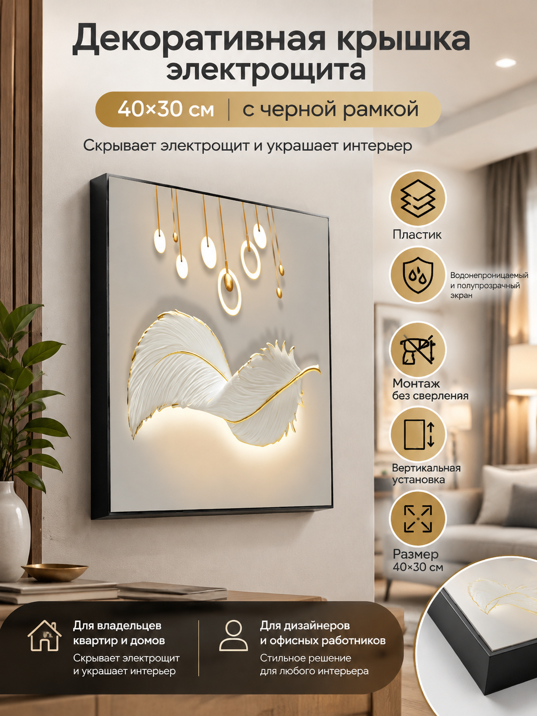 Декоративная крышка электрощита 40х30 см с черной рамкой и монтажом без сверления — Know Easy