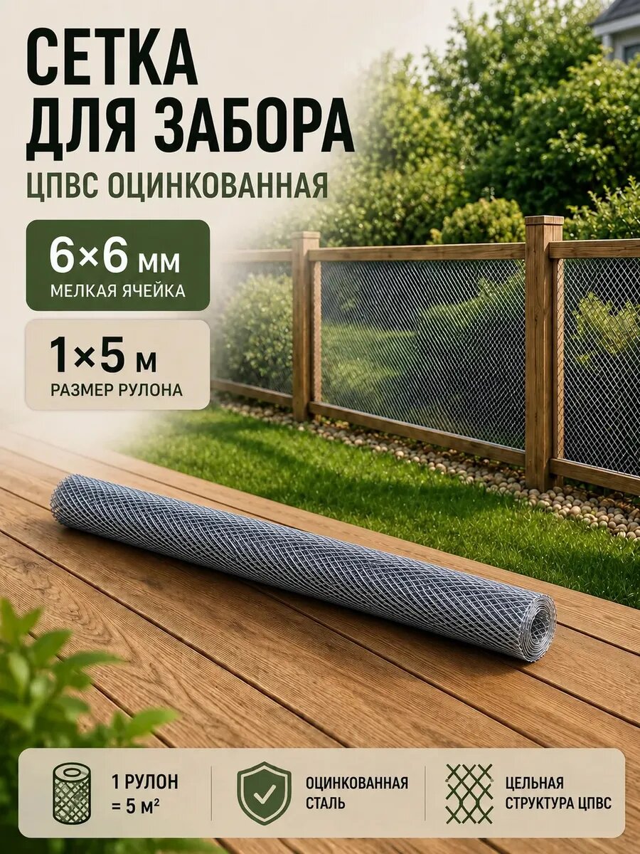 Сетка для забора ЦПВС оцинкованная ячейка 6х6 мм, рулон 1х5 м