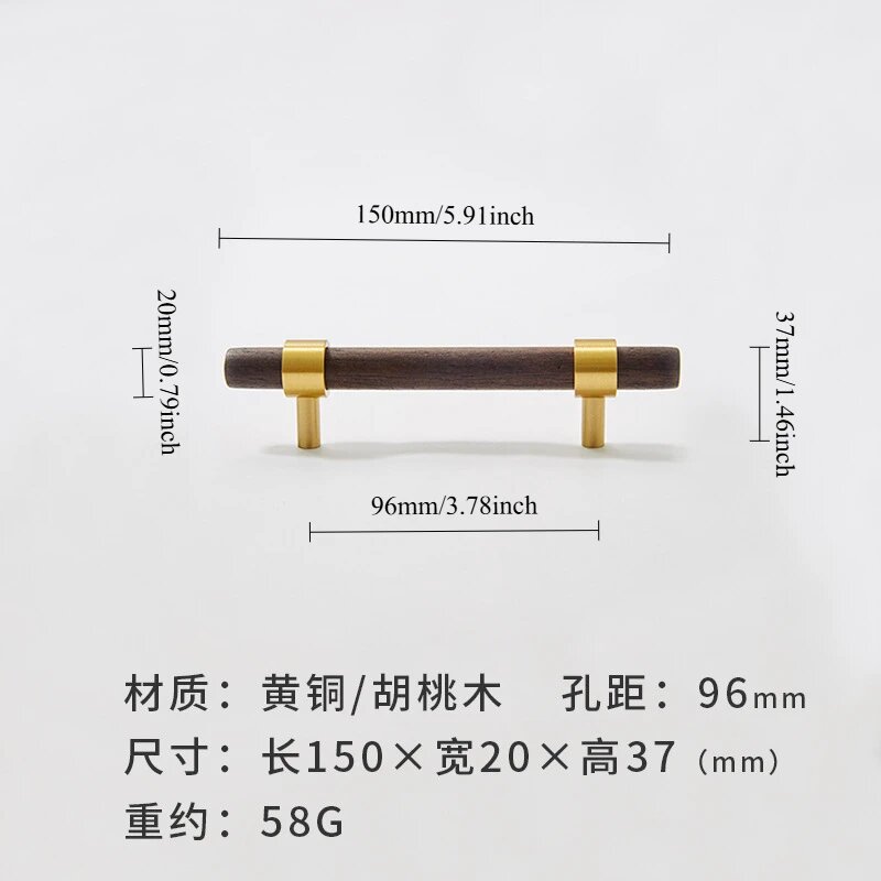 Ручки для шкафа из латуни и дерева, золотые 96mm-hole spacing