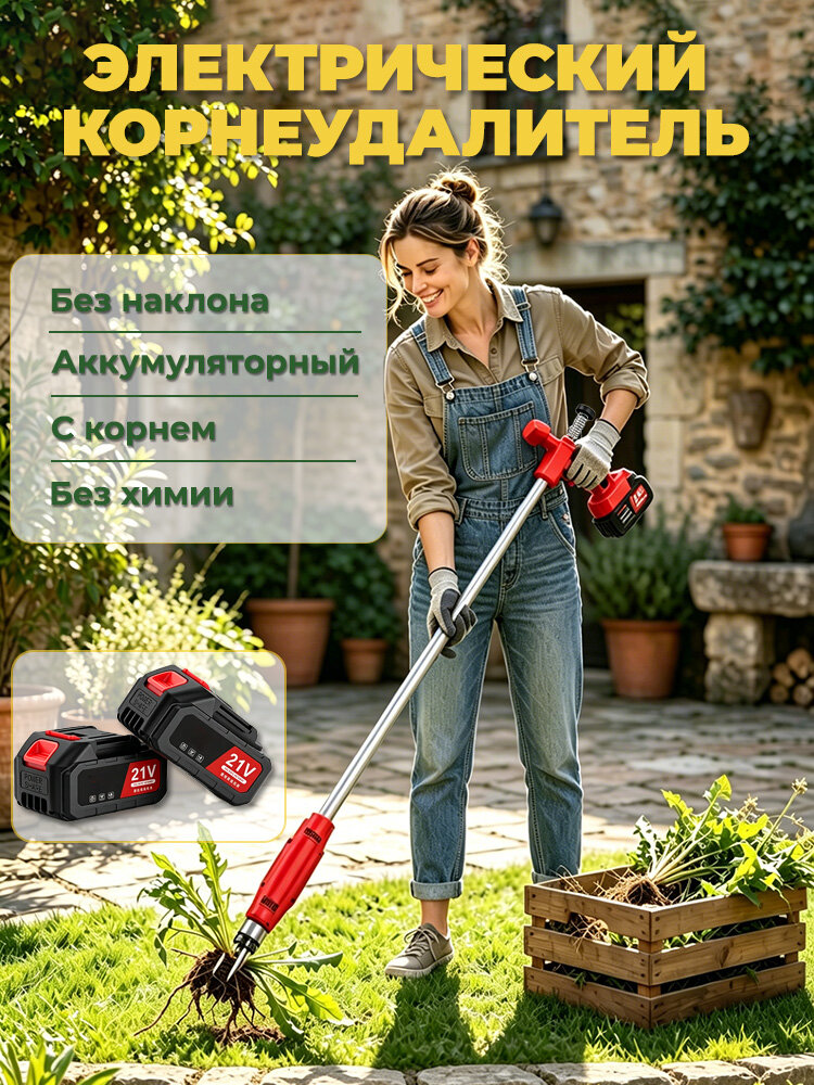Корнеудалитель с металлической рабочей частью красного цвета для удаления сорняков и корней на садовом участке