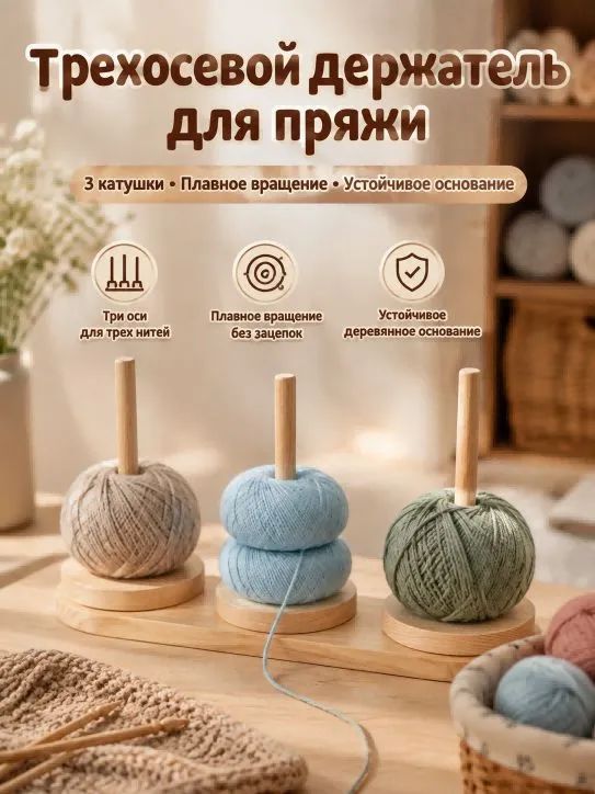 Трехосевой деревянный держатель для пряжи, вращающаяся подставка на 3 катушки, устойчивое основание, предотвращает спутывание нитей для вязания и рукоделия