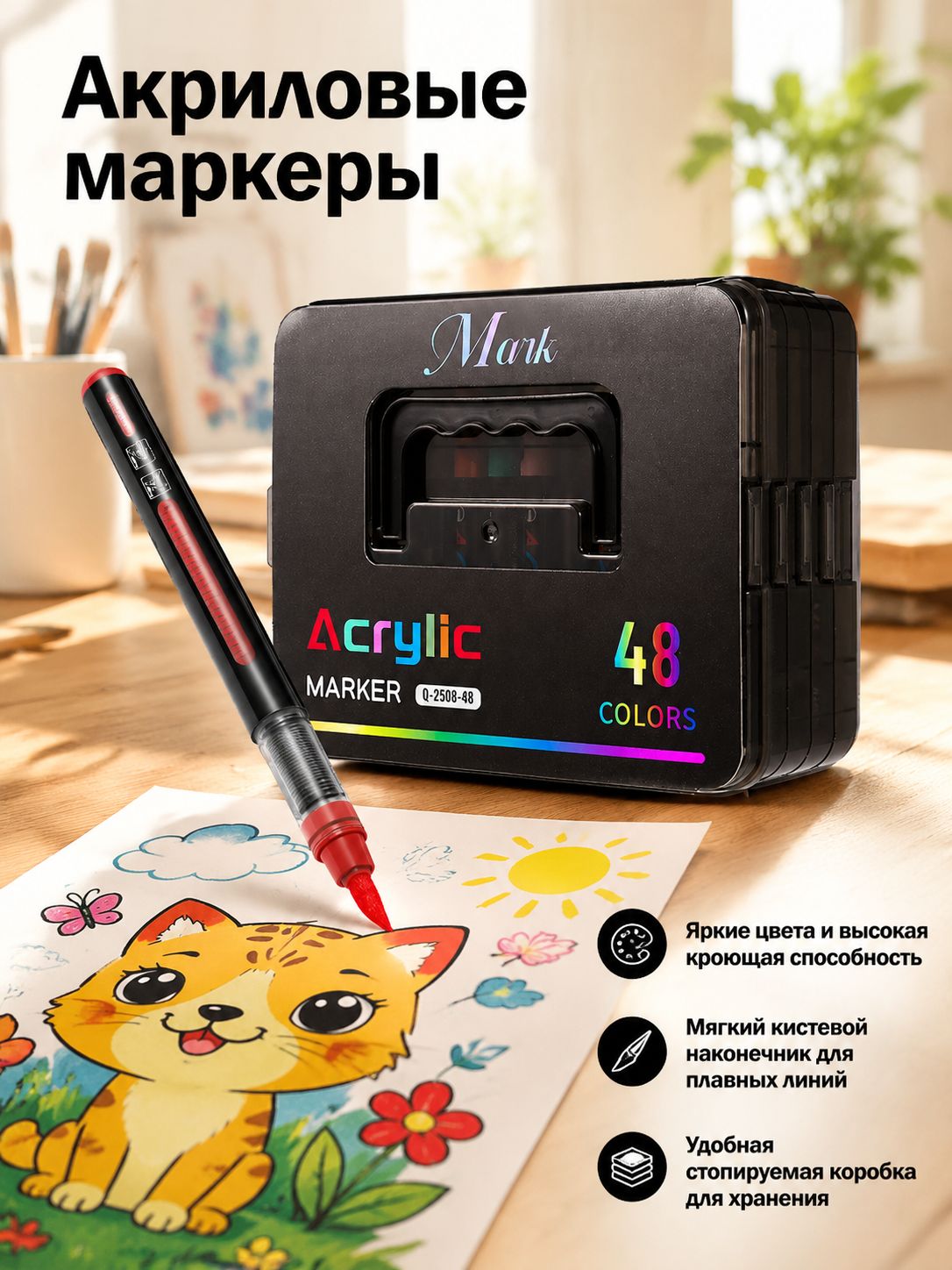 Набор акриловых маркеров, 48 цветов, мягкий наконечник-кисть, прямоточная система подачи чернил, для рисования на