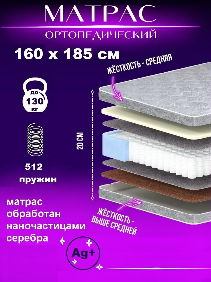 Матрас 160х185 см пружинный ортопедический ARGENTO-1
