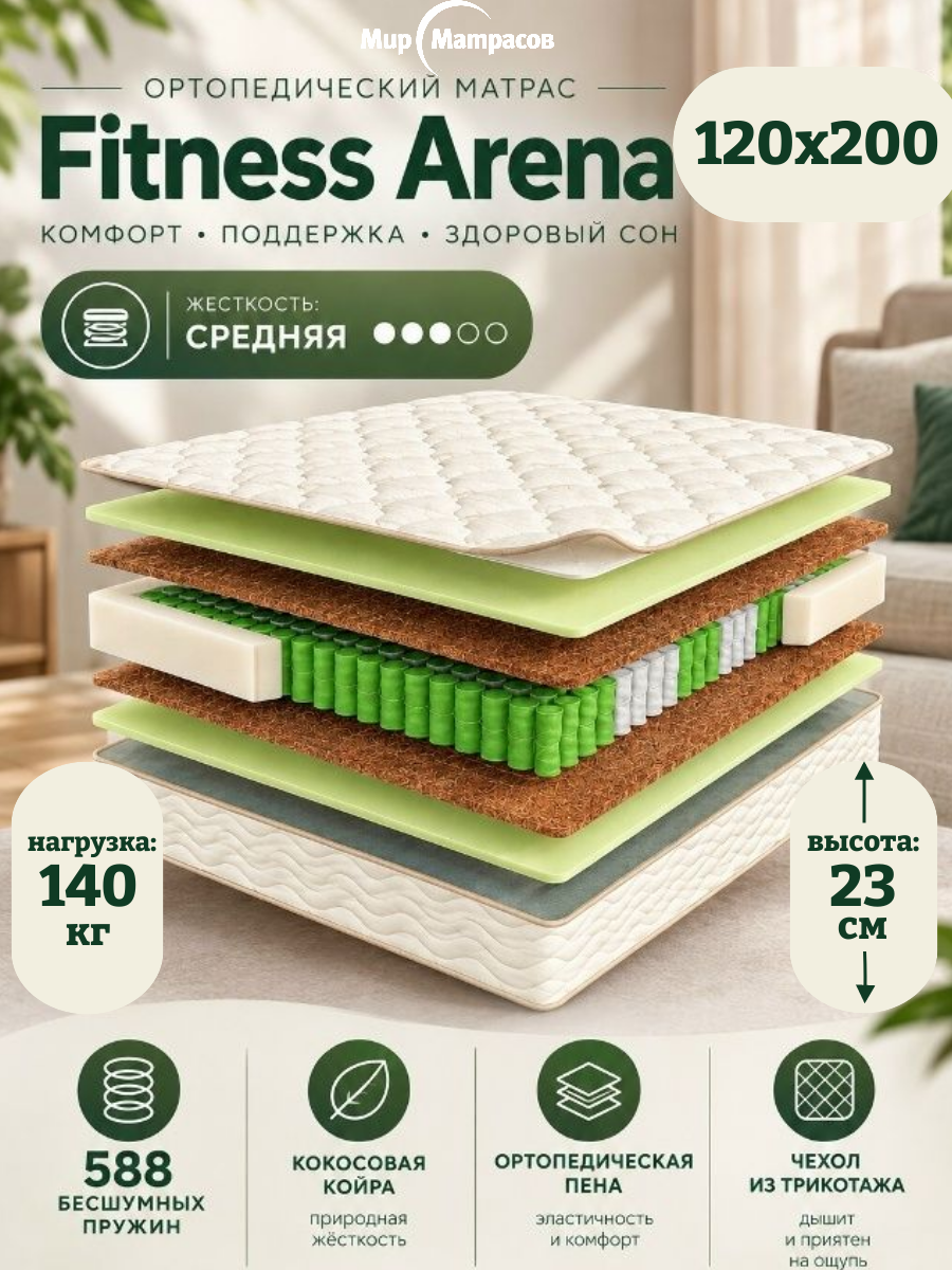 Матрас 120х200 см Fitness Arena, независимые пружины, высота 22 см, ортопедический, пружинный
