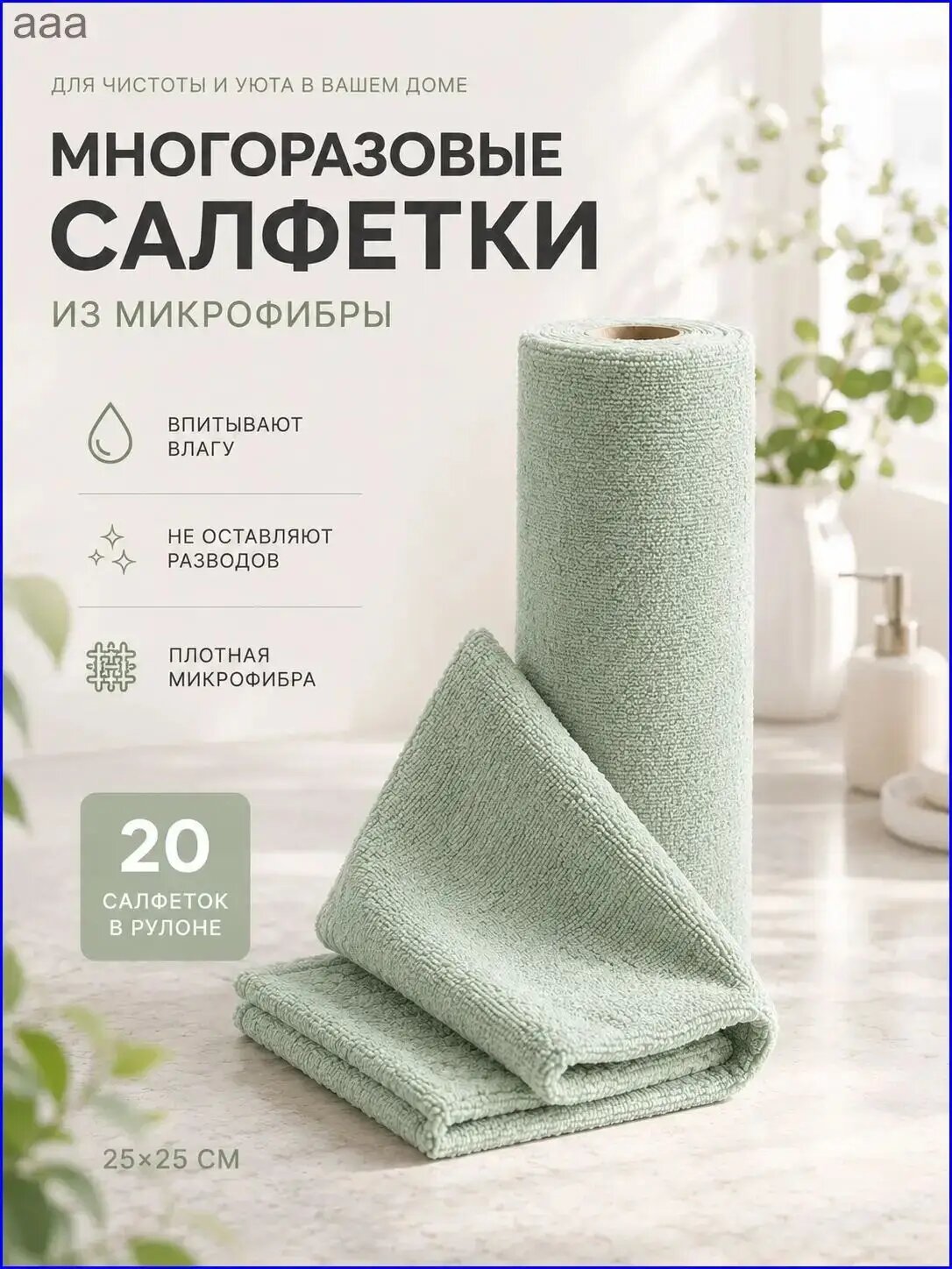 Салфетки для уборки Салфетки для уборки в рулоне 25 25 см, Т20 шт отрывные, антибактериальные, тряпки для кухни, микрофибра, без ворса, многоразовые, для дома, кухни и автомобиля, зеленый, 25 см, 20 шт.
