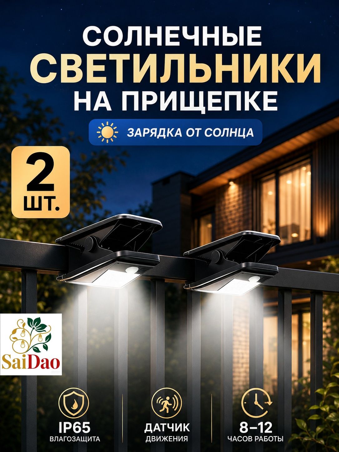 Солнечные светильники на прищепке с датчиком движения, 28 LED, IP65, уличные фонари для забора, веранды, дома и дачи, 2 шт.