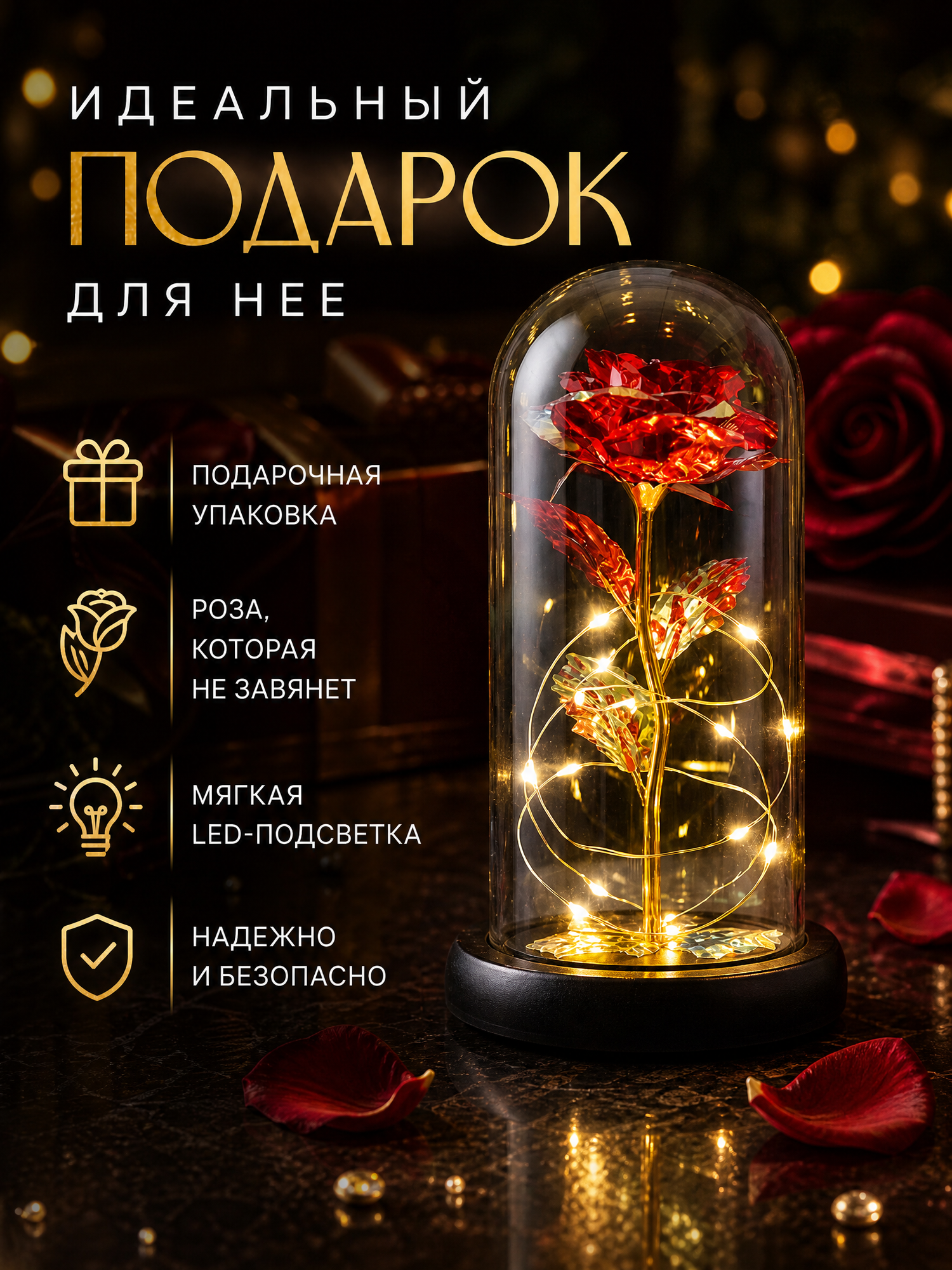 Подарочный набор ночник Красная роза с подсветкой, подарок девушке, жене, любимой, маме, дочке