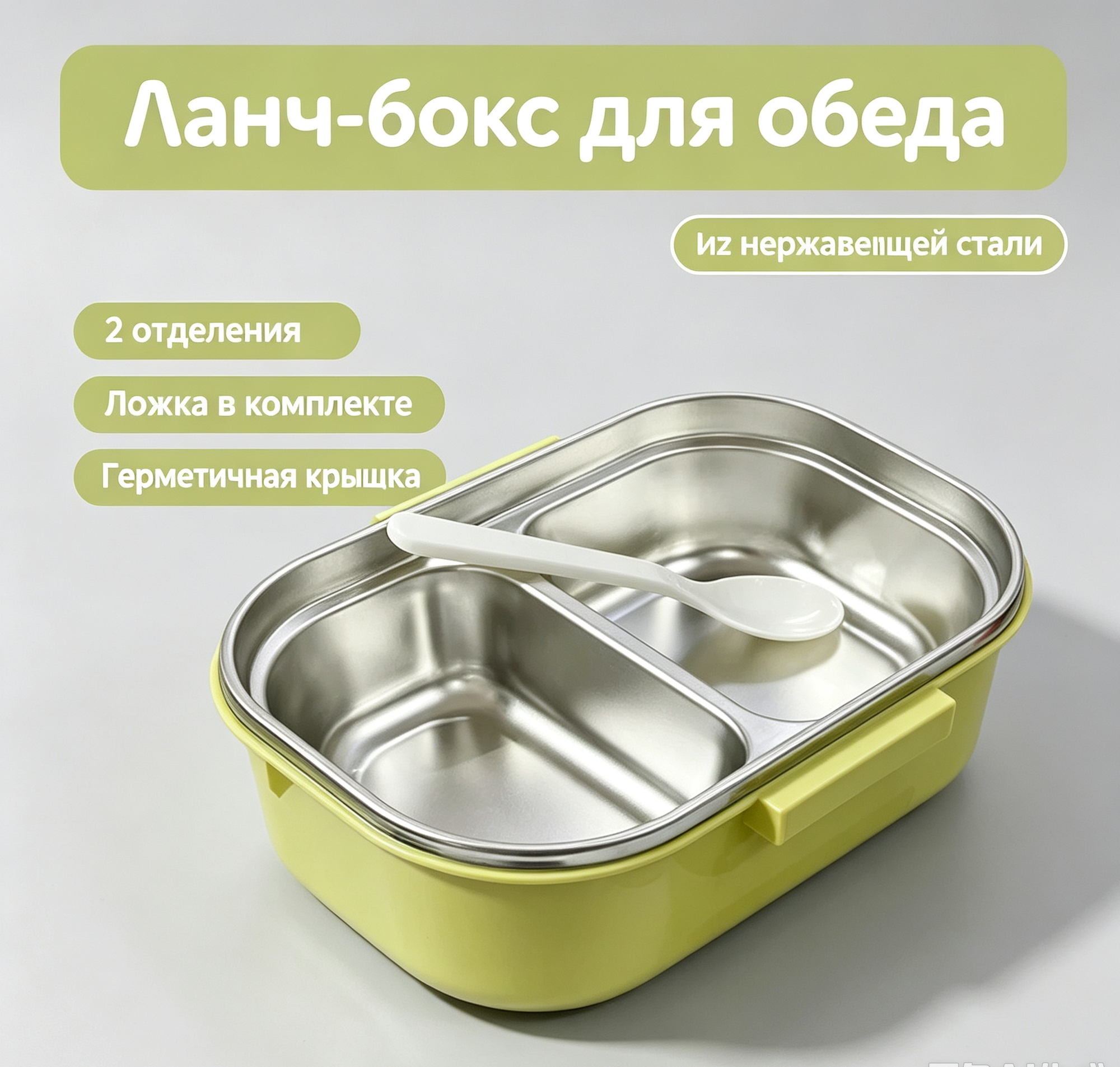 Практичный ланч‑бокс с отсеками из нержавеющей стали, в комплекте ложка, герметичная крышка, для школы и офиса
