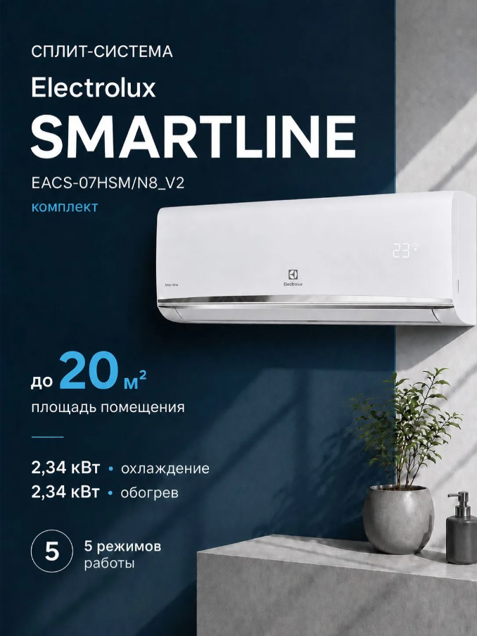 Сплит-система Electrolux Smartline EACS-07HSM/N8_V2, кондиционер 7000 BTU, охлаждение и обогрев, комплект