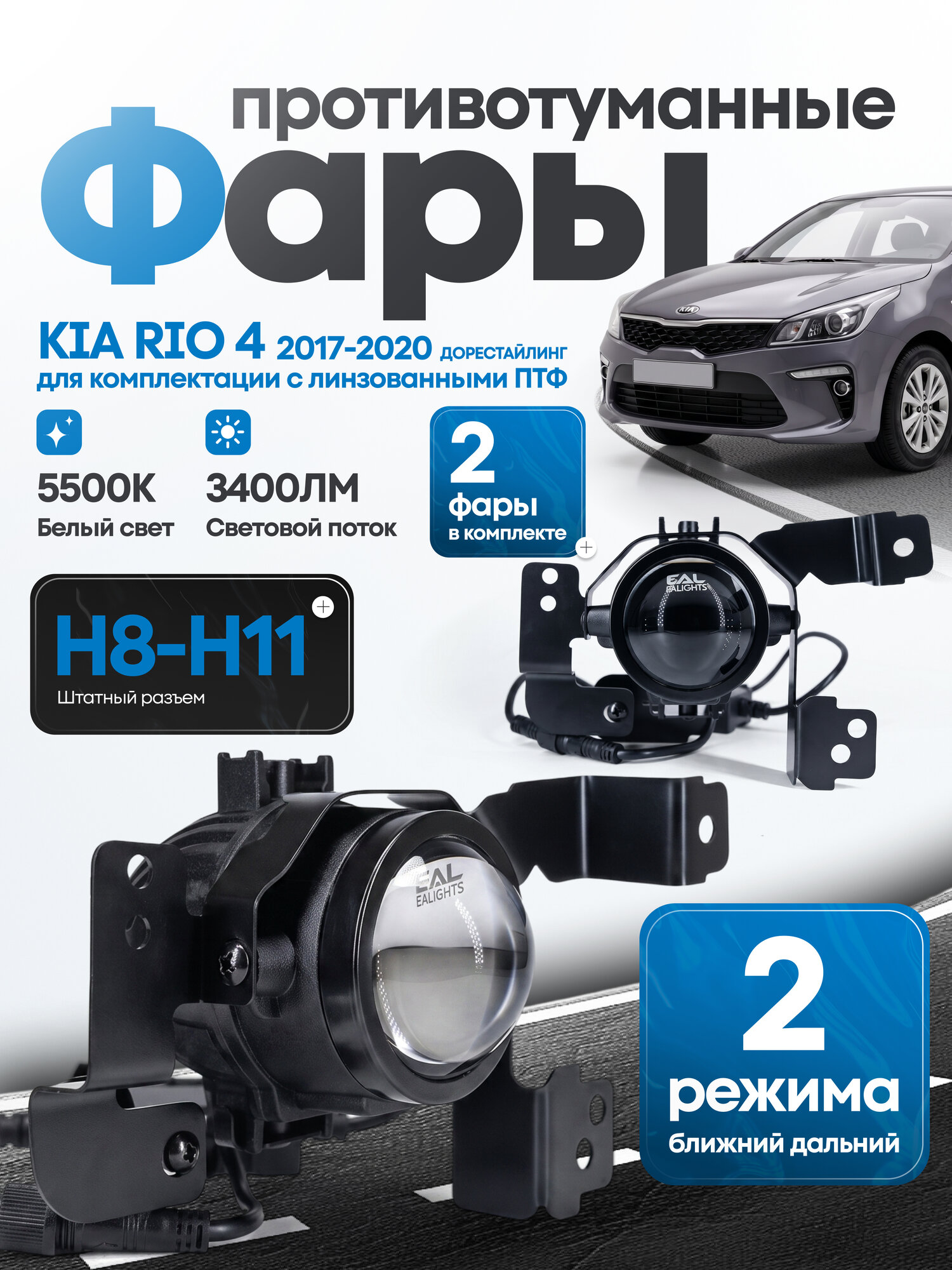 Противотуманные фары линзы дальний свет на KIA Rio 4 (2017 2020) дорестайлинг