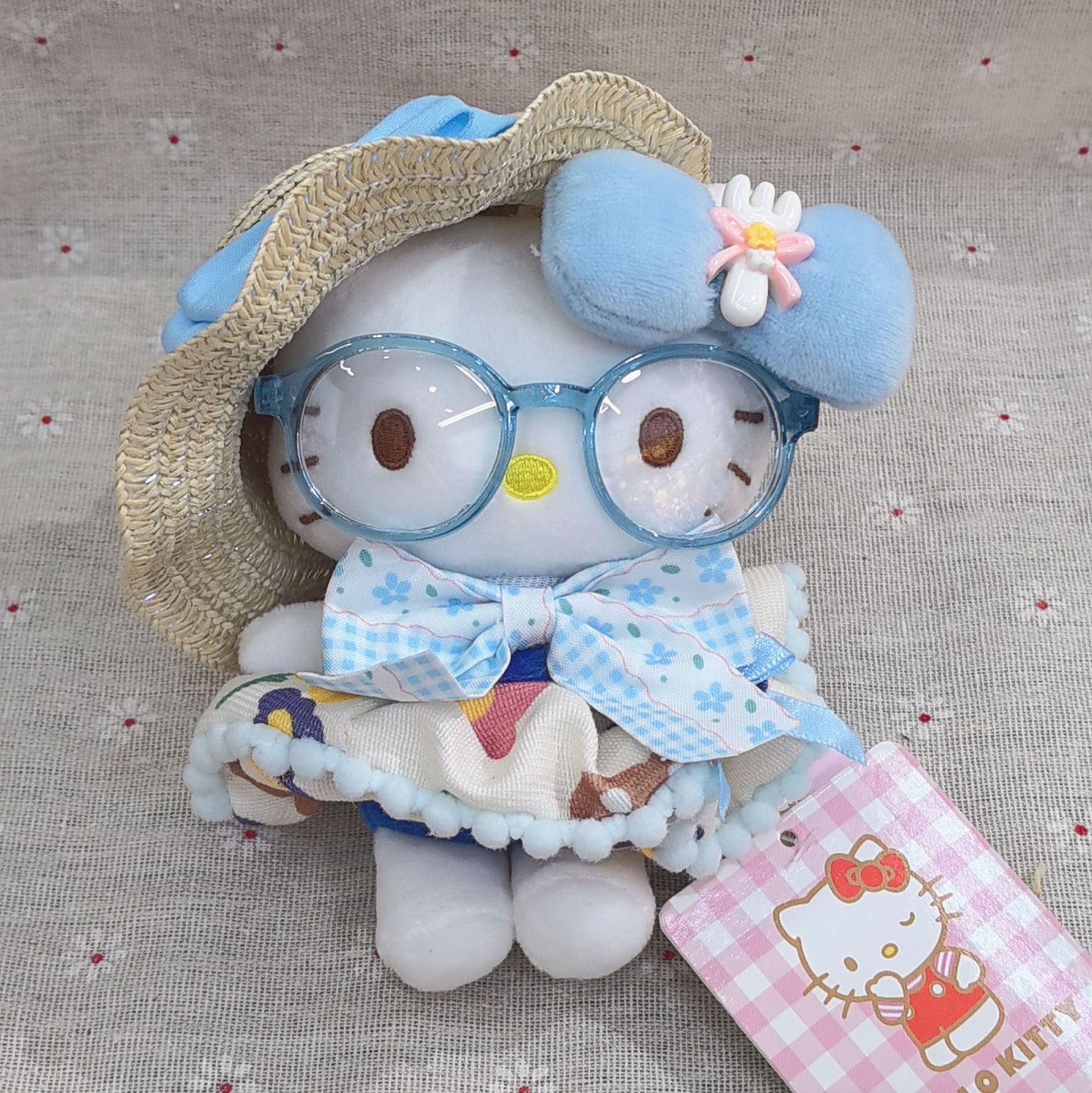 Милый плюшевый брелок Hello Kitty с синий бант соломенная шляпа, мультяшная игрушка-подвеска на сумку