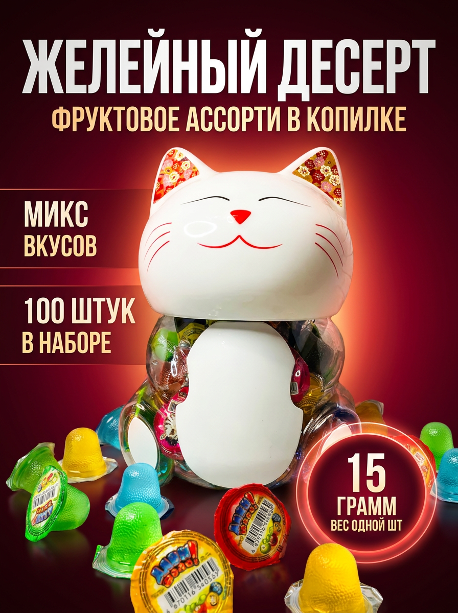 Ассорти желе со вкусом фруктов Дави желе! в копилке Белый Котик 100 штук 15г