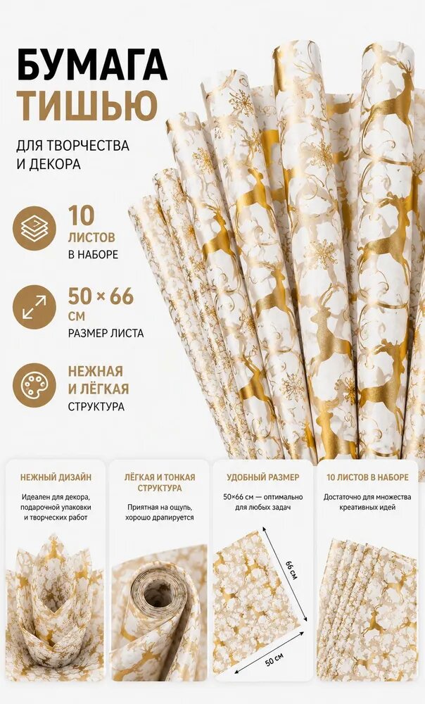 Упаковочная бумага тишью с новогодним рисунком