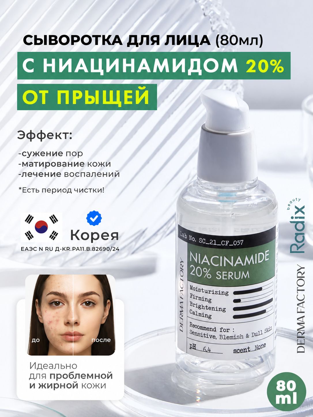 Сыворотка против прыщей и акне для лица с ниацинамидом Niacinamide 20% Serum, 80 мл.