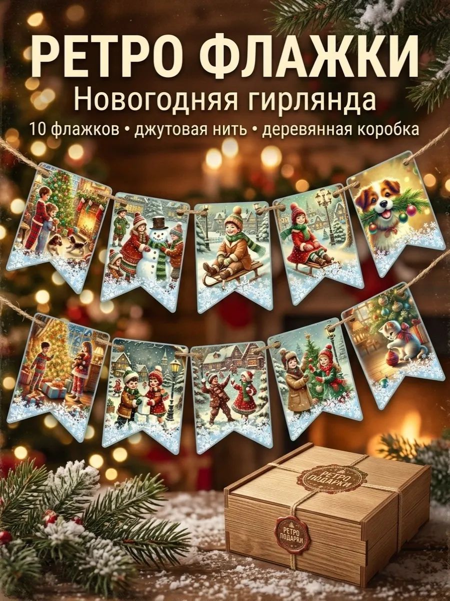 Новогодняя гирлянда Ретро флажки 10 шт с джутовой нитью