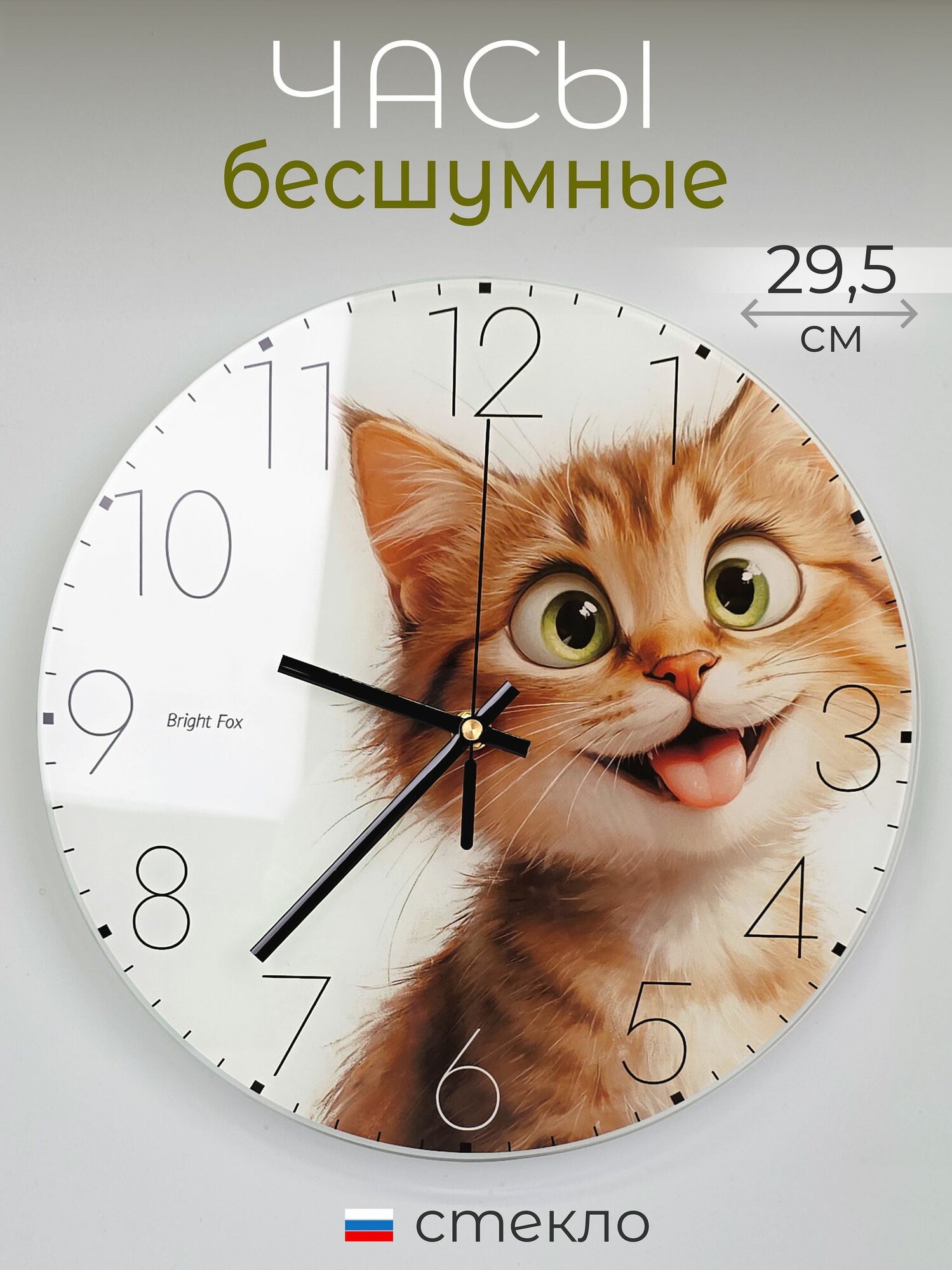 Часы настенные бесшумные Bright Fox с принтом кота