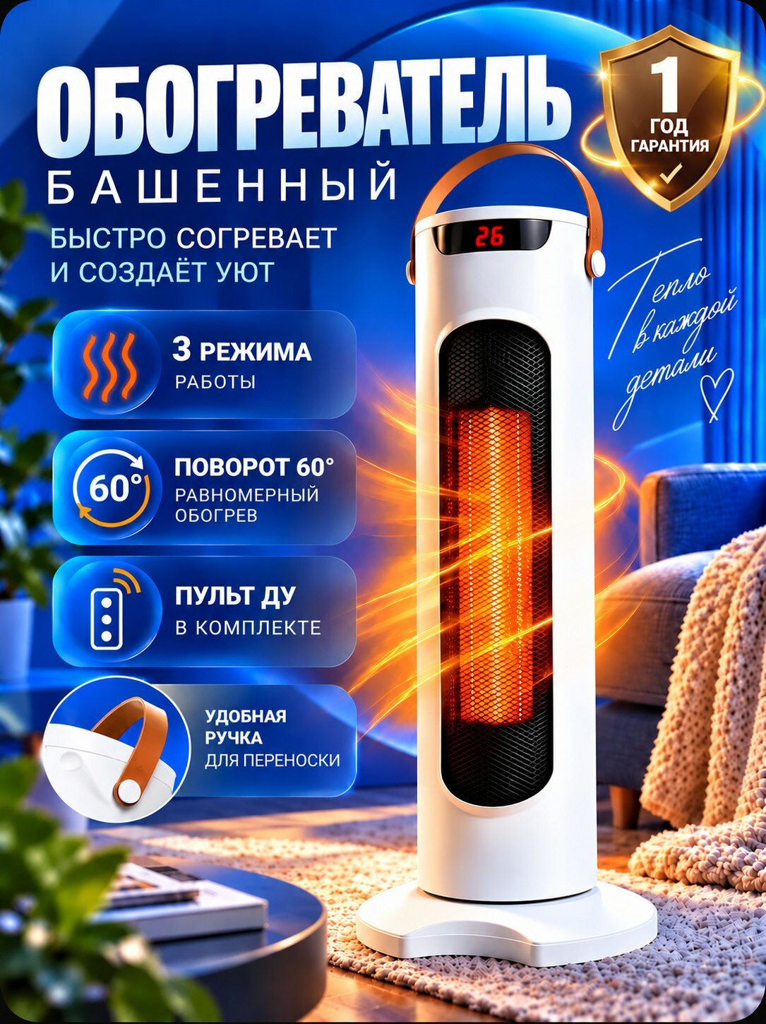 Обогреватель для дома электрический, тепловентилятор напольный керамический 2000 Вт