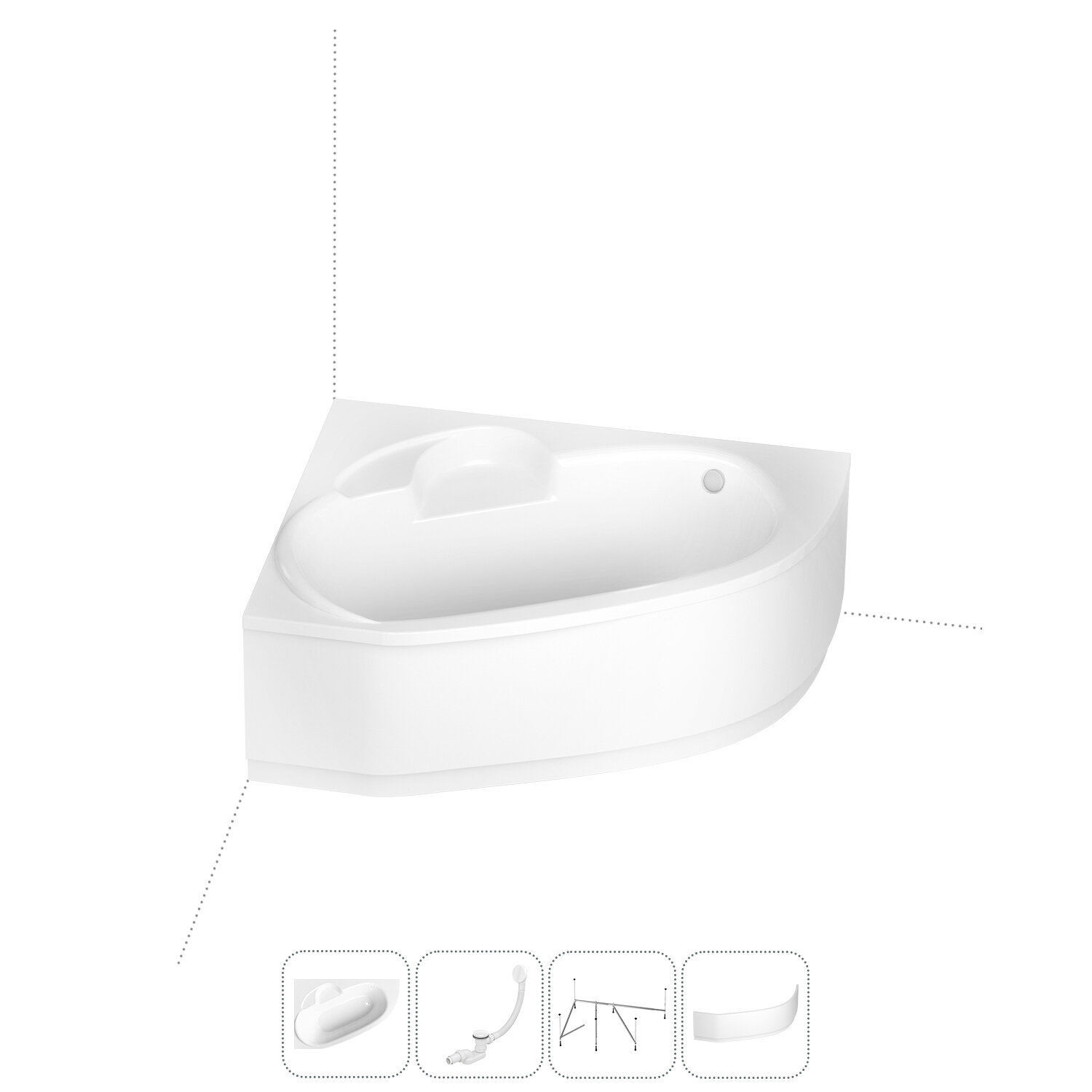 Угловая ванна акриловая 150 x 100 с каркасом и экраном Lavinia Boho Bell Pro 202011171 в наборе 4 в 1: асимметричная ванна (левый разворот), слив-перелив, каркас, экран